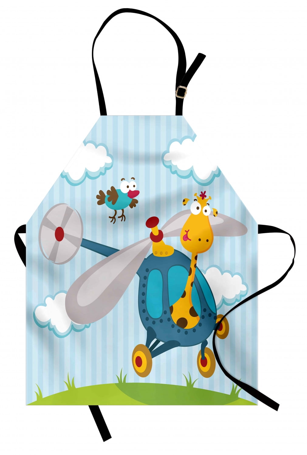 Nursery Apron Funny Giraffe and Bird on Helicopter Fluffy Clouds Grass ...
