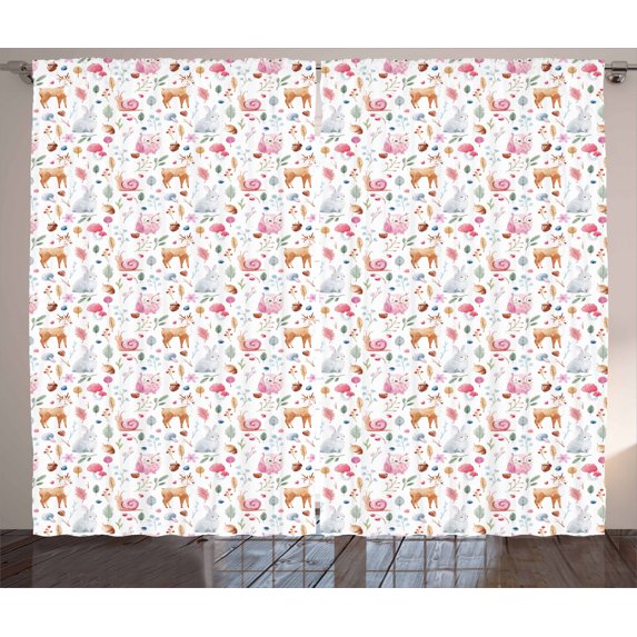 Ambesonne Cartoon Curtains 2 Panel Set, Deer Snail Owl, 108" x 108 ...