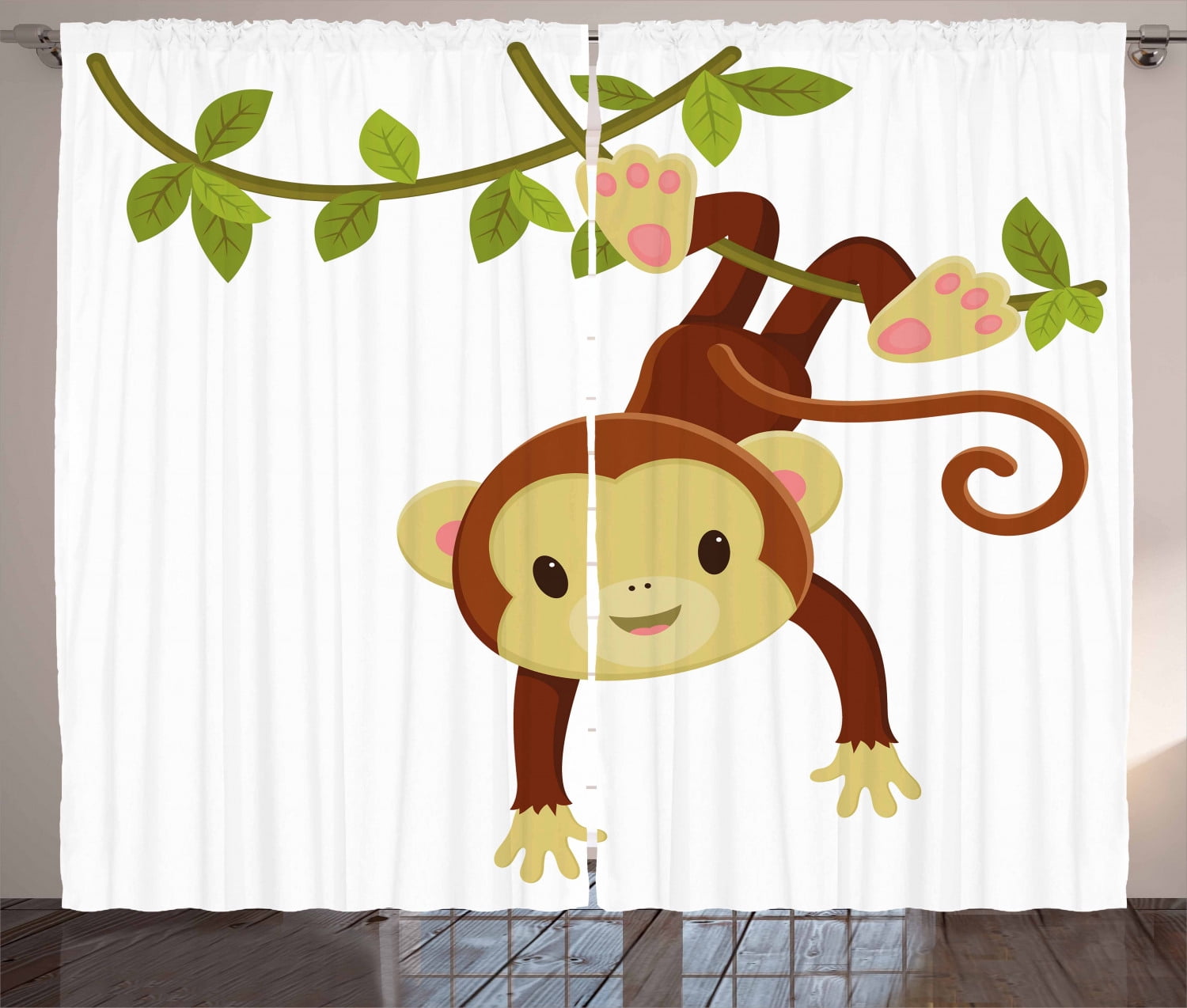 Ambesonne Cartoon Curtains 2 Panel Set, Monkey on Liana, 108" x 90 ...