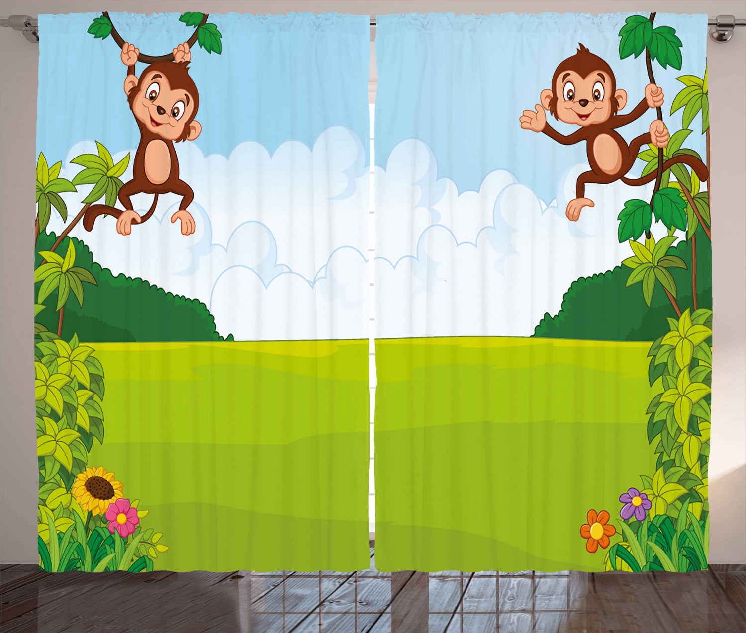 Ambesonne Cartoon Curtains 2 Panel Set, Monkeys on Vines, 108" x 84 ...