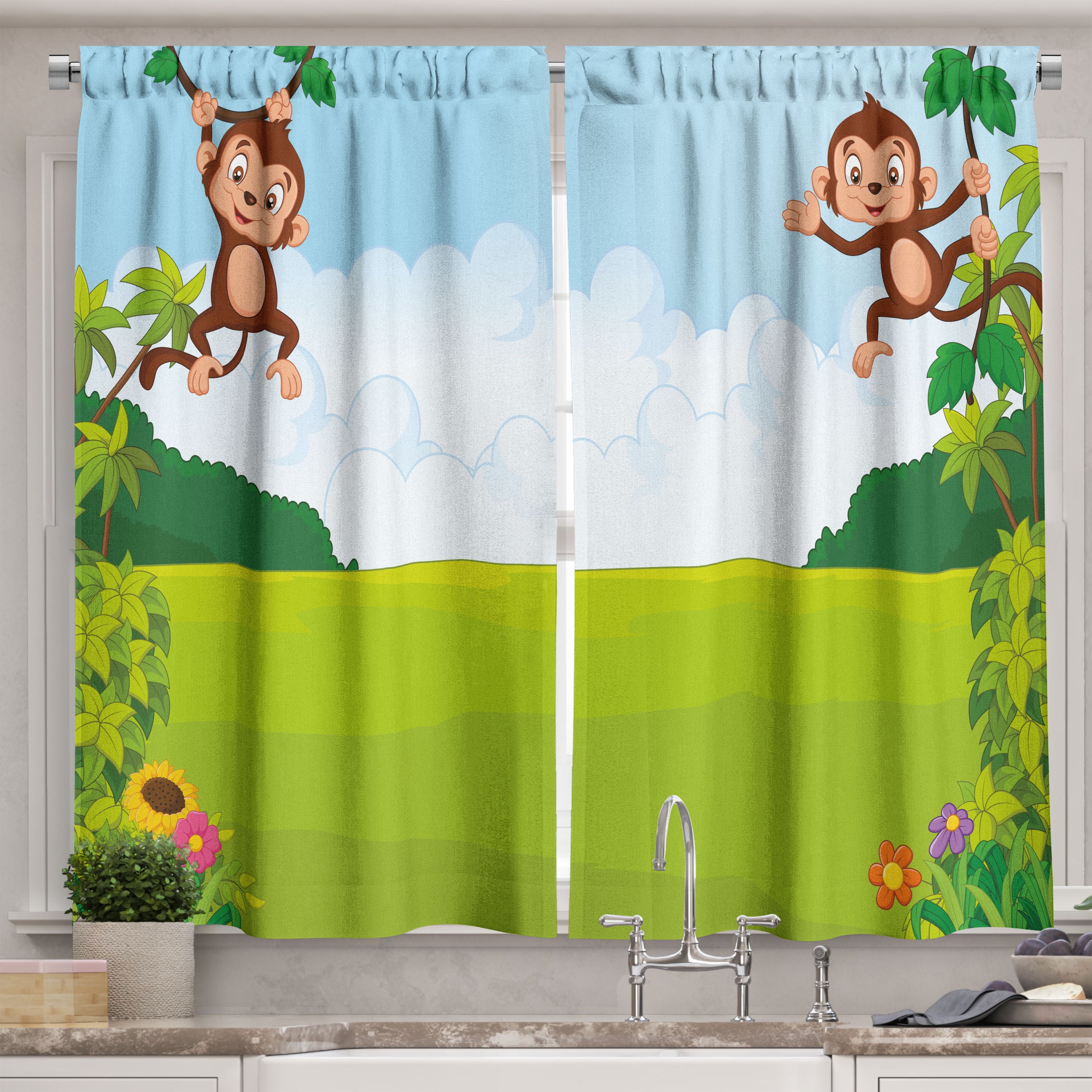 Nursery Curtains 2 Panels Set, Cute Playful Monkeys Hanging on Vines Young Kid Chimpanzees ...
