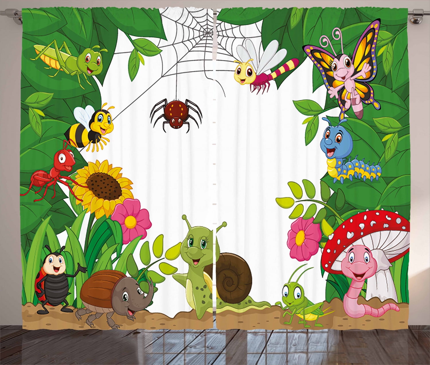 Ambesonne Cartoon Curtains 2 Panel Set, Little Bugs Butterflies, 108" x ...