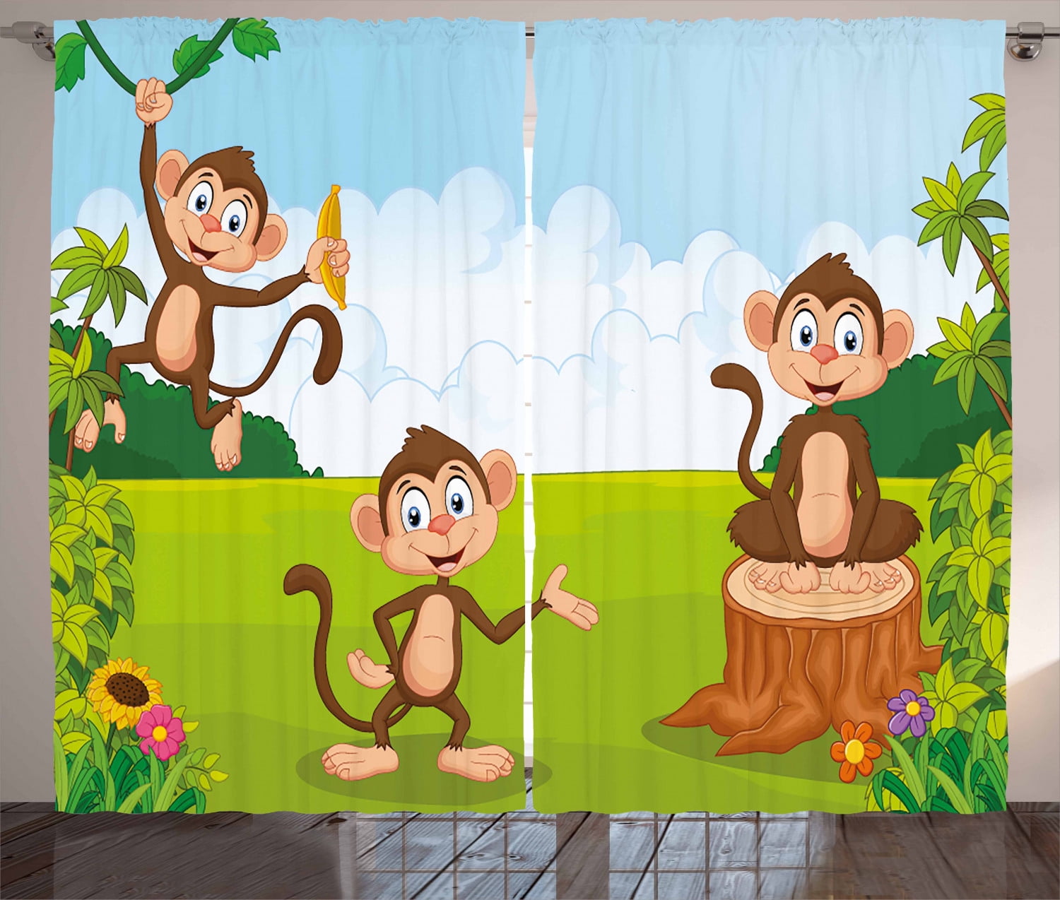 Ambesonne Cartoon Curtains 2 Panel Set, Print 3 Monkeys Savannah, 108 ...