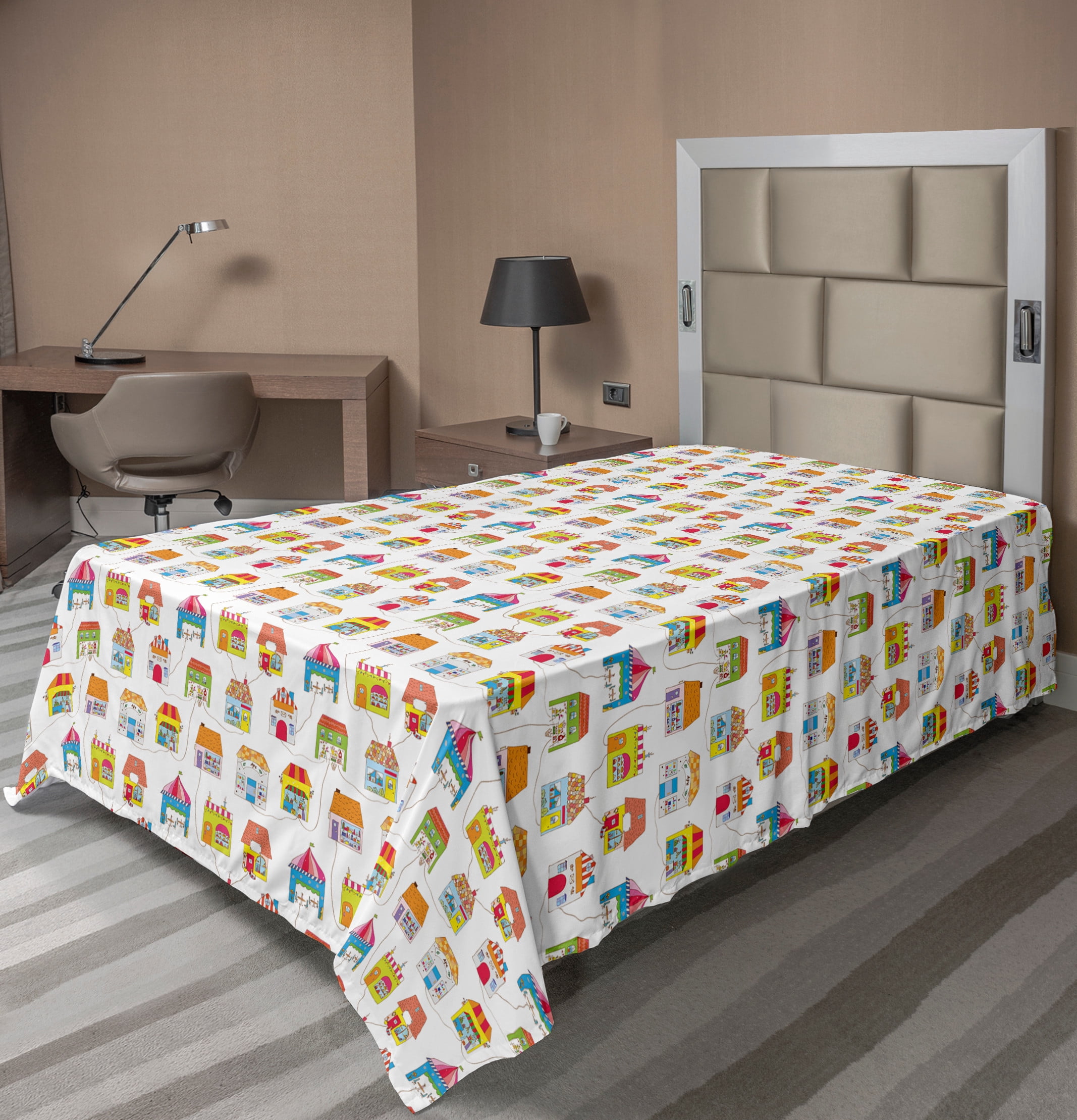 Nursery Flat Sheet, Funny Houses in Town Cartoon Street and Roads ...