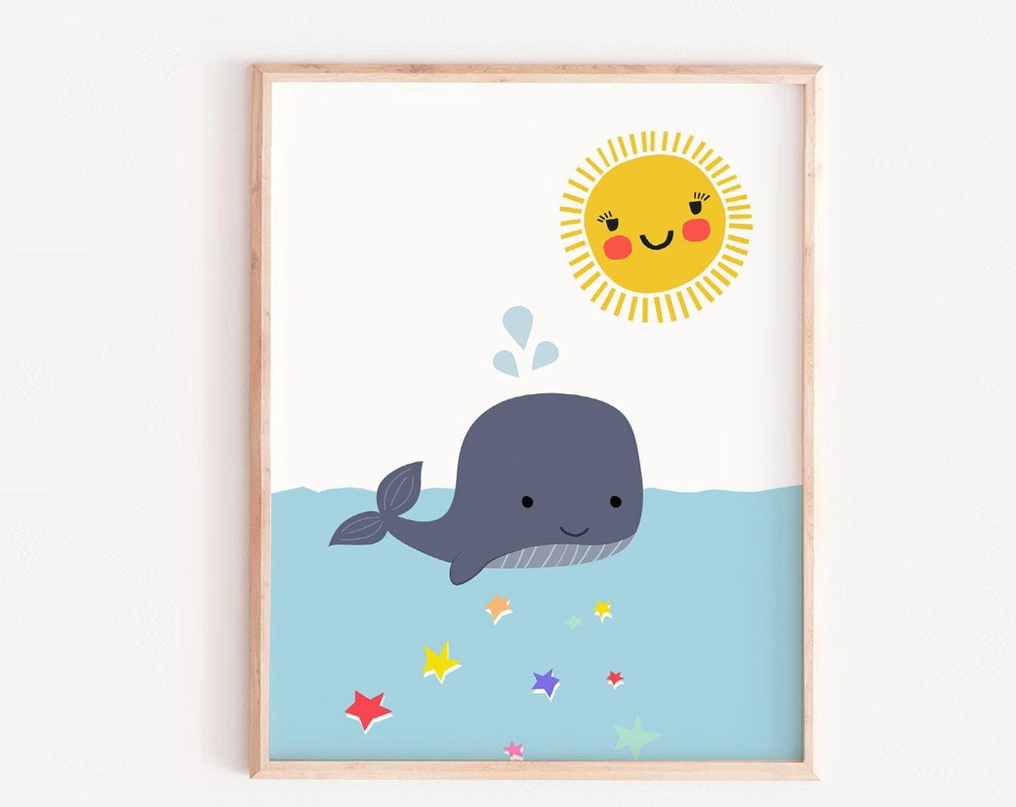 Nursery Ocean Whale Art, Sea Animals, Nursery Decor, Ocean Theme Decor ...