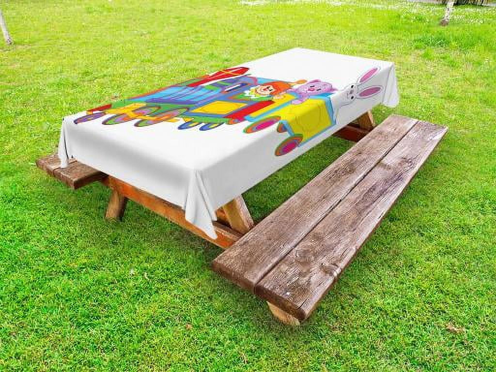 Nursery Outdoor Tablecloth, Clown Cat and Bunny Sitting in The Train ...