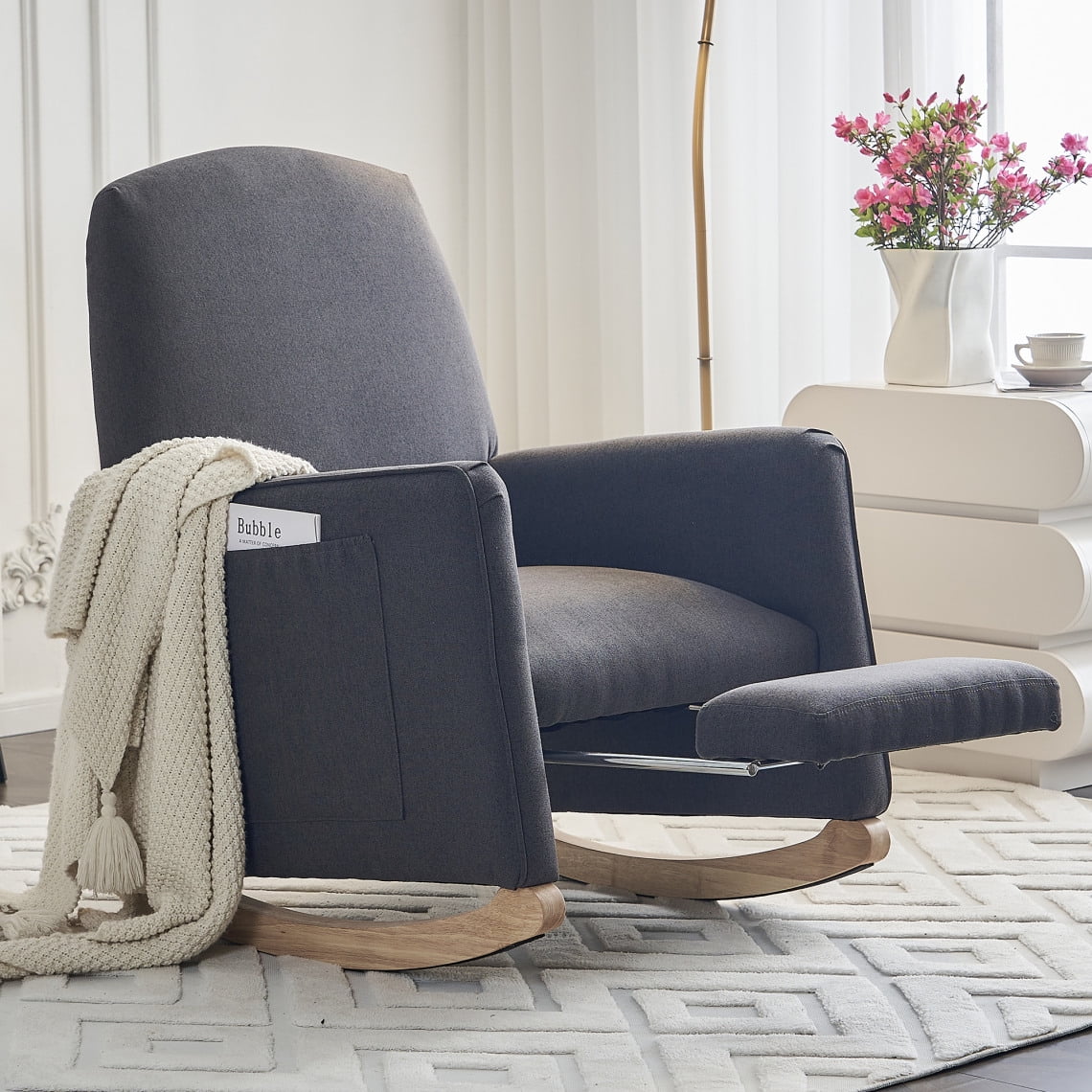Nursery Rocking Chair with Adjustable Footrest & Ergonomic Backrest ...