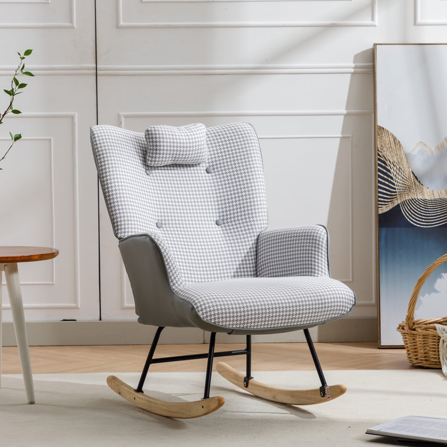 Nursery Rocking Chair, Cotton Linen Upholstered Glider Rocker Rocking ...