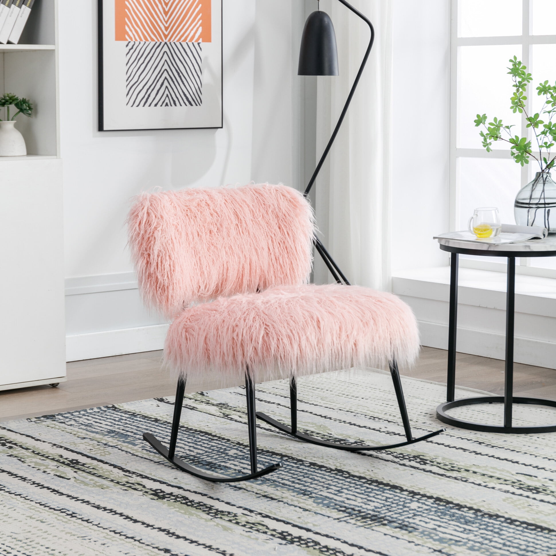 Nursery Rocking Chair, Faux Fur Plush Upholstered Glider Rocker Chair ...