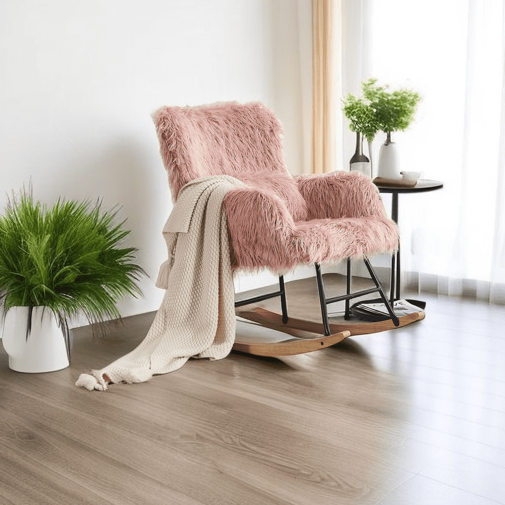 Nursery Rocking Chair, Faux Fur Upholstered Glider Rocker with Lumbar ...