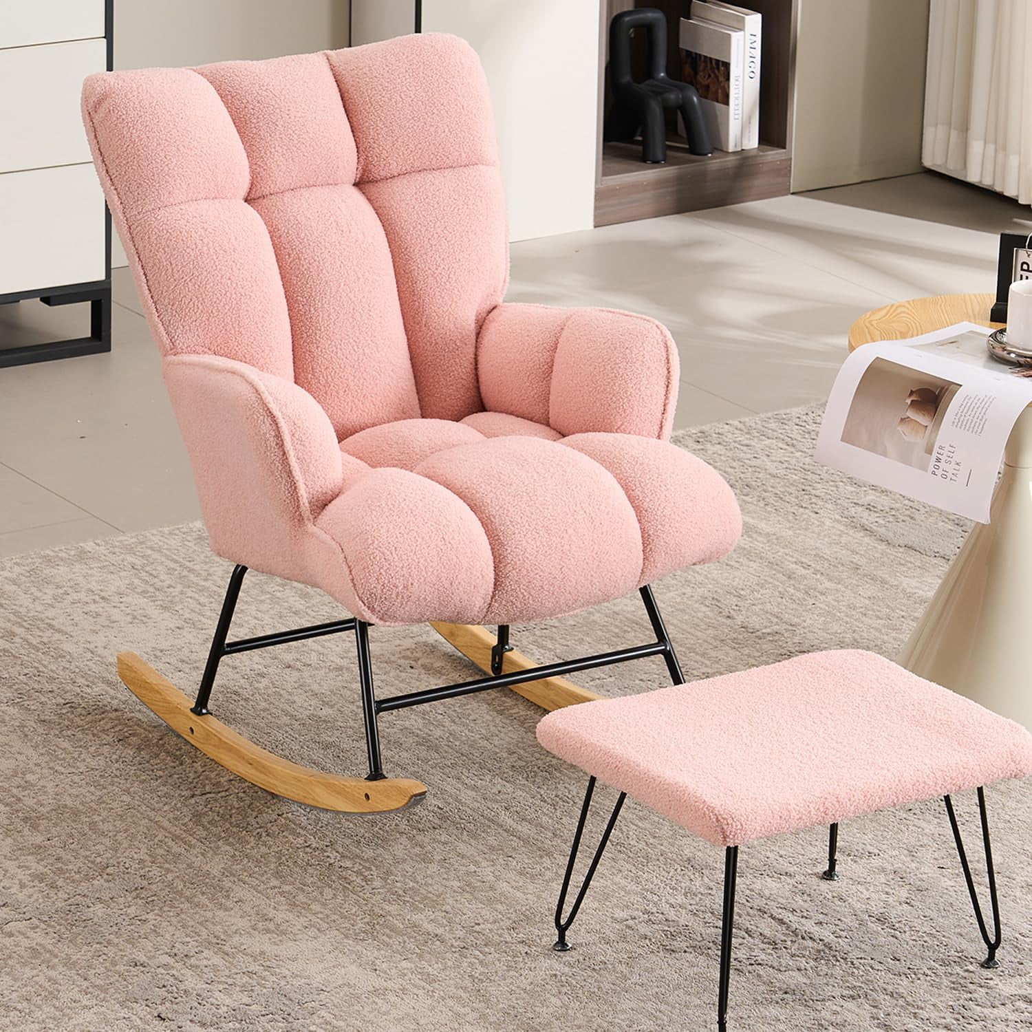 Nursery Rocking Chair with Ottoman, Upholstered Teddy Glider Rocker for ...