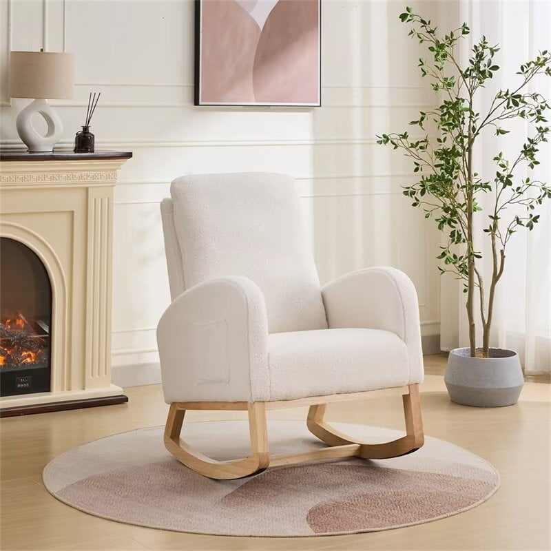 Nursery Rocking Chair, Sherpa Upholstered Glider Rocker Chair with High ...