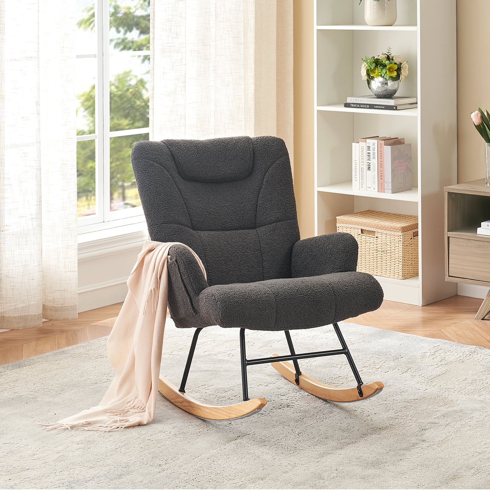 Nursery Rocking Chair, Teddy Fabric Upholstered Glider Rocker with High ...