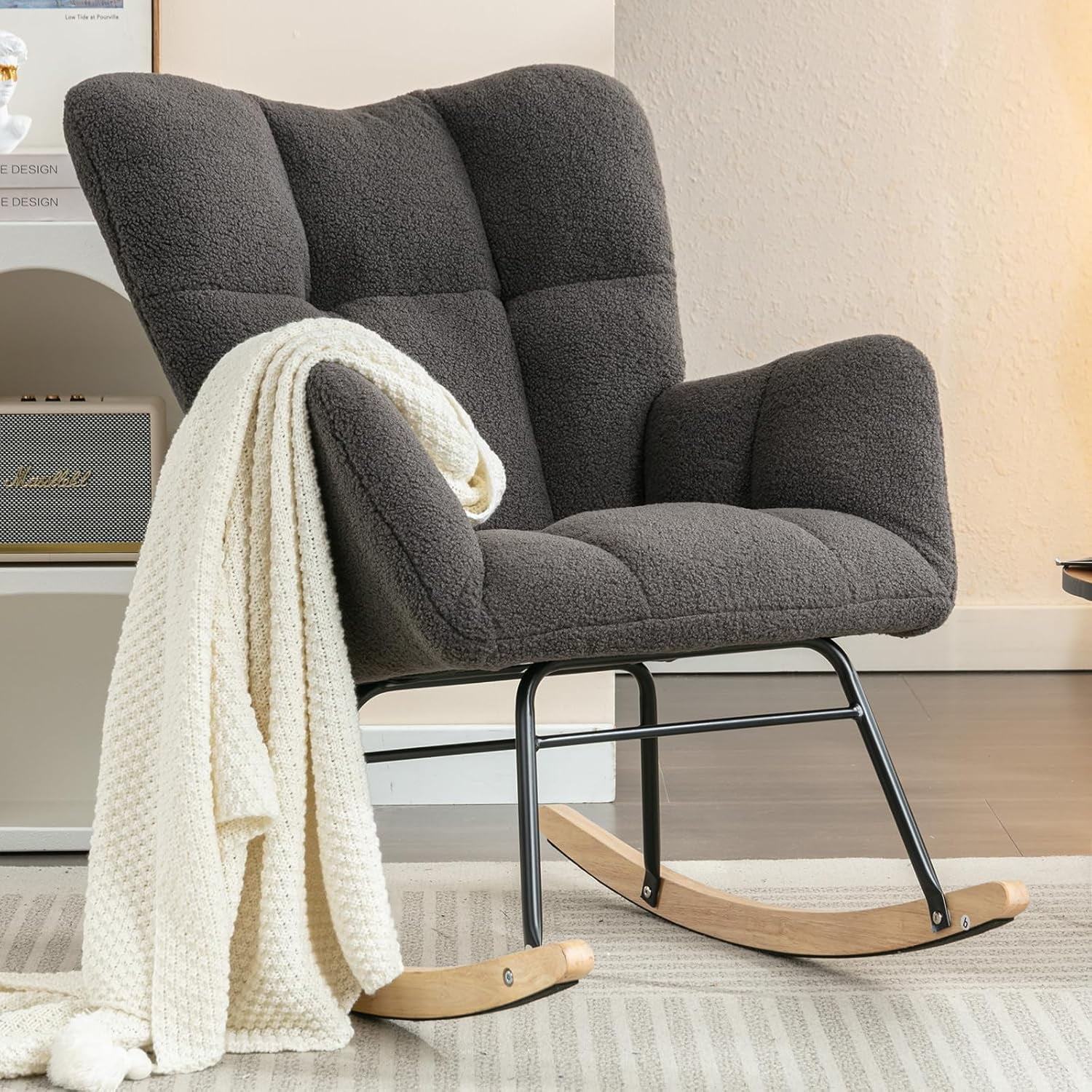 Nursery Rocking Chair, Teddy Upholstered Glider Rocker Chair with High ...