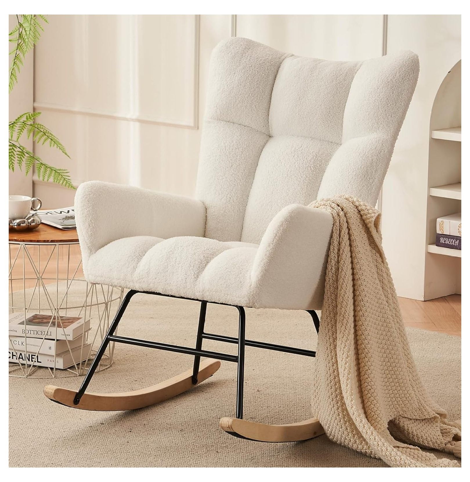 Nursery Rocking Chair, Teddy Upholstered Glider Rocker with Metal Legs ...