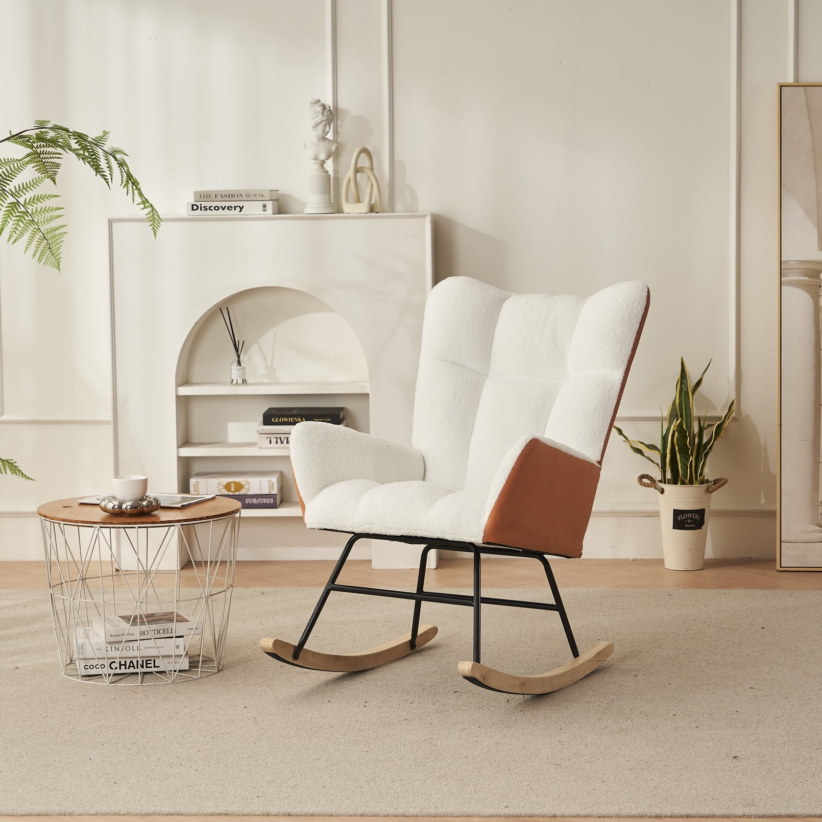 Nursery Rocking Chair, Upholstered Fabric Accent Chair with High ...