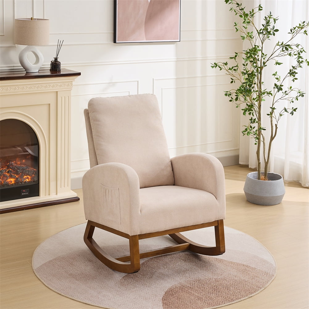 Nursery Rocking Chair With Side Pockets, Upholstered Modern Accent ...