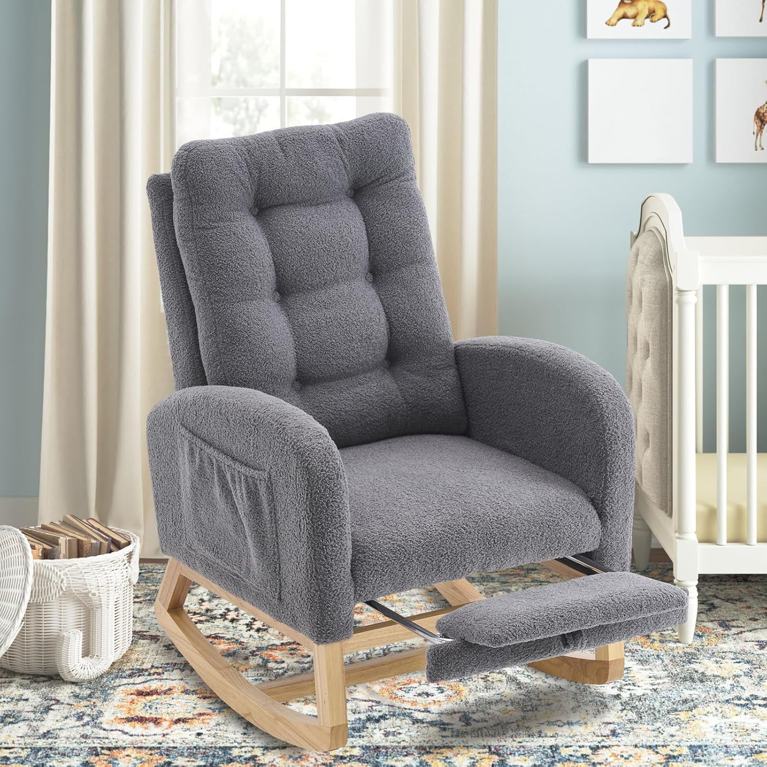 Nursery Rocking Chair with Retractable Foot Rest, Teddy Glider Rocking ...