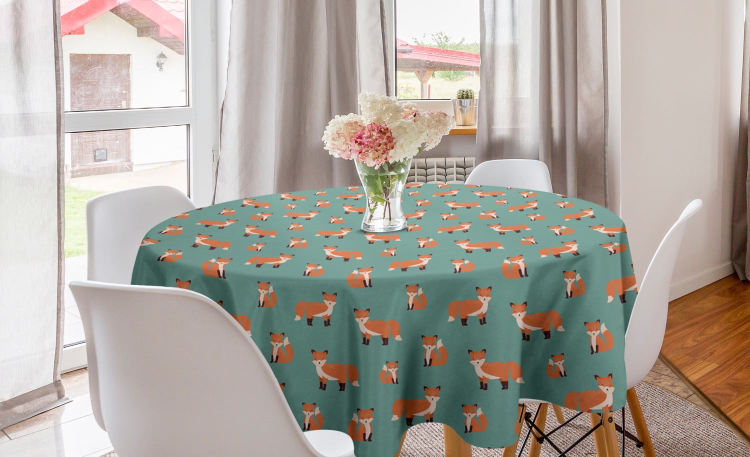 Nursery Round Tablecloth, Childish Cartoon of Forest Animals Sitting ...