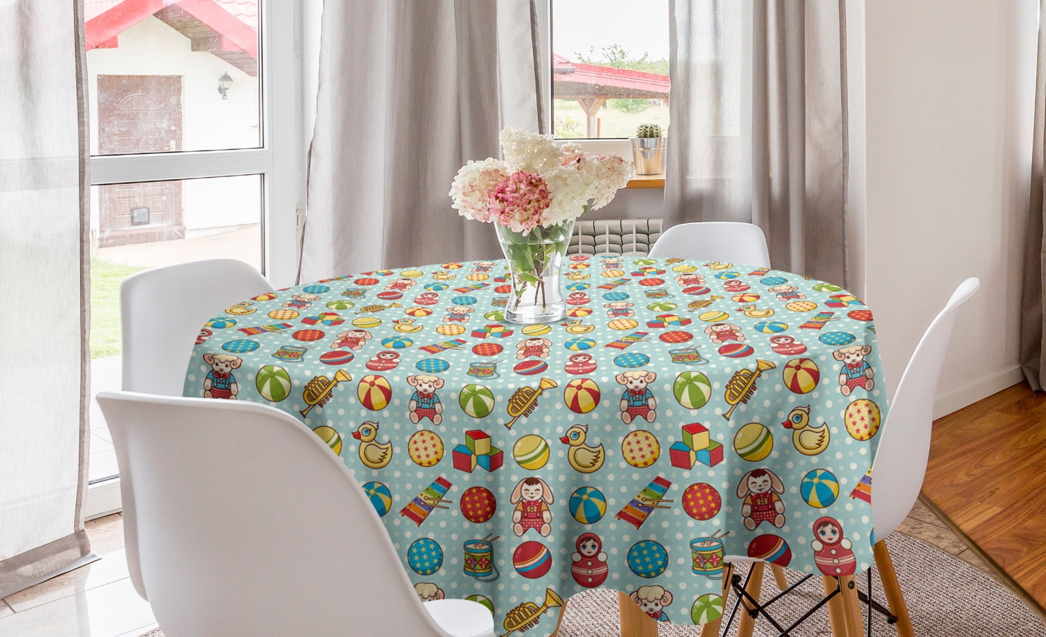 Nursery Round Tablecloth, Vintage Old Childrens Toys Pattern on Polka ...