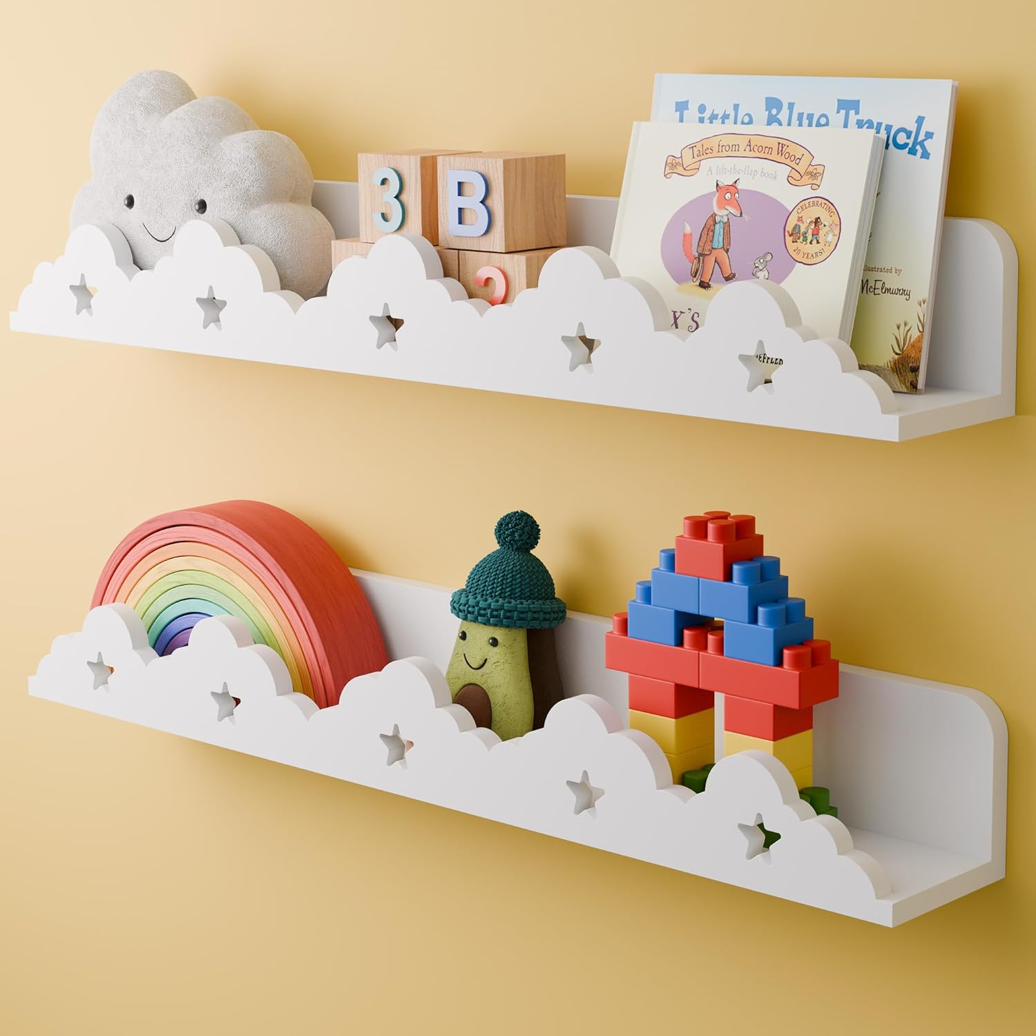 Nursery Shelves for Wall Set of 2 - White Cloud Floating Bookshelf for ...