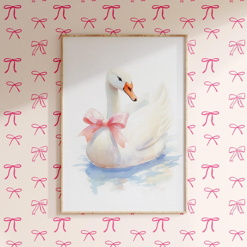 Nursery Swan With Bow Watercolor Painting Print, Kids Room Wall Decor ...