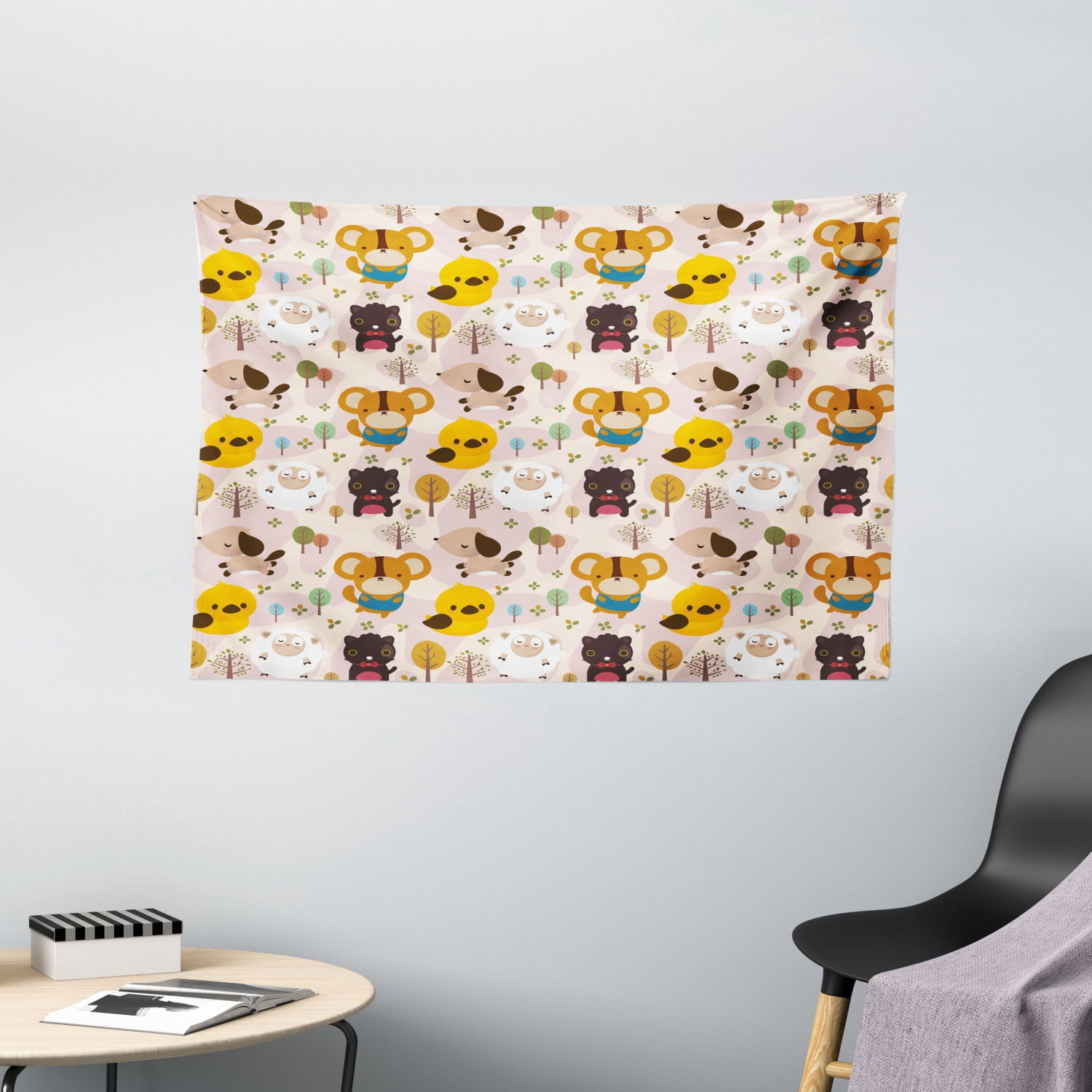 Nursery Tapestry, Cartoon Style Animal Caricatures Very Cute Jungle ...