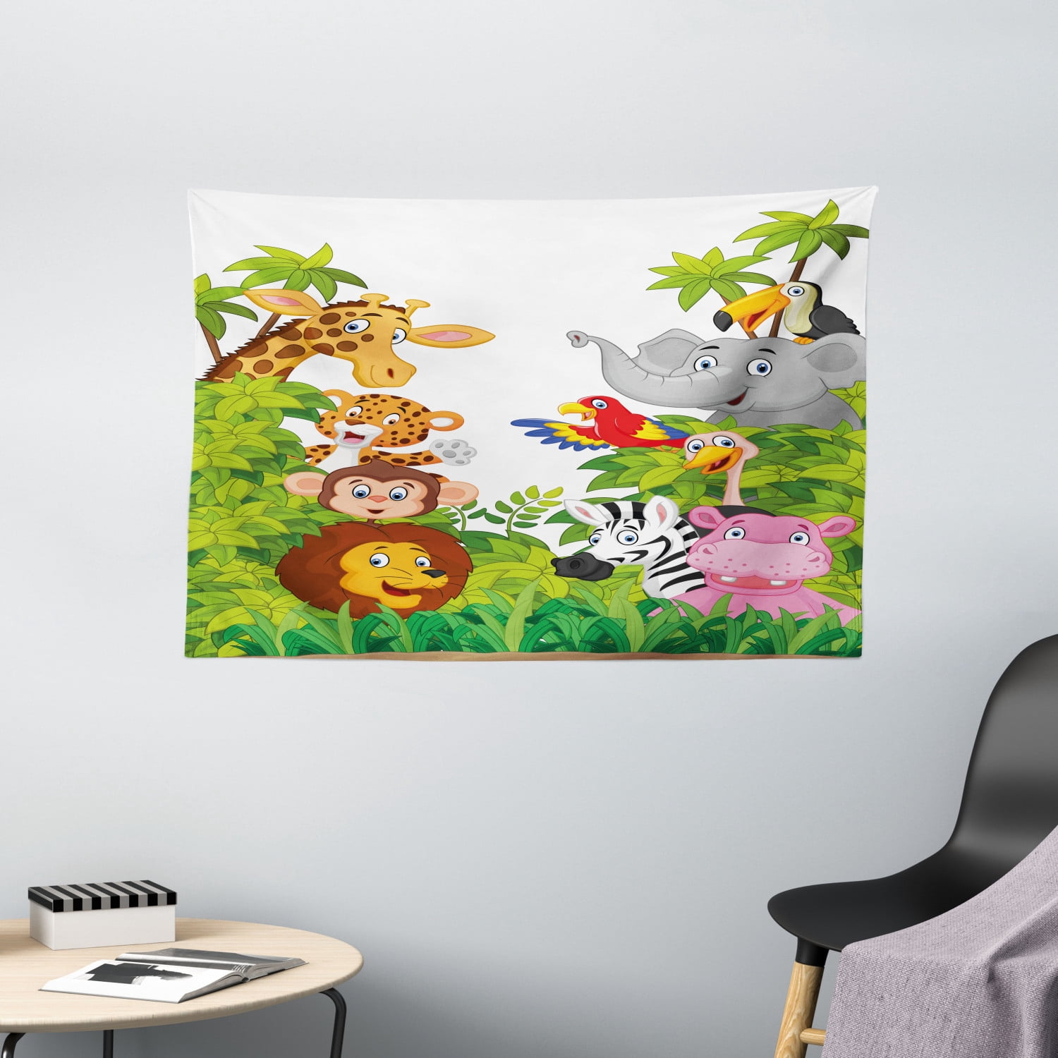 Nursery Tapestry, Cartoon Style Zoo Animals Safari Jungle Mascots ...