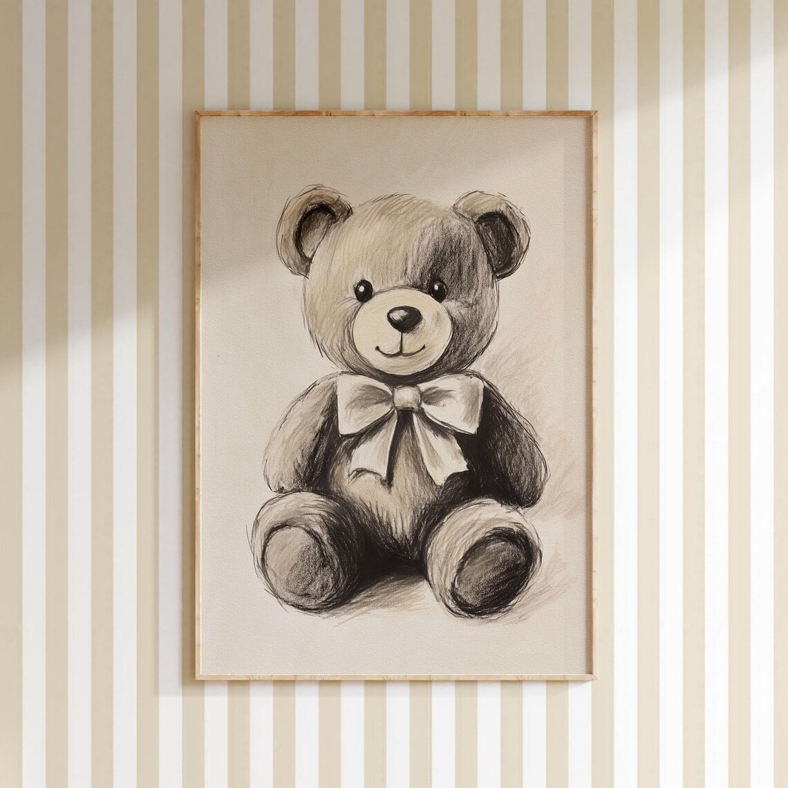 Nursery Teddy Bear With Bow Print, Kids Room Wall Decor, Beige Children ...