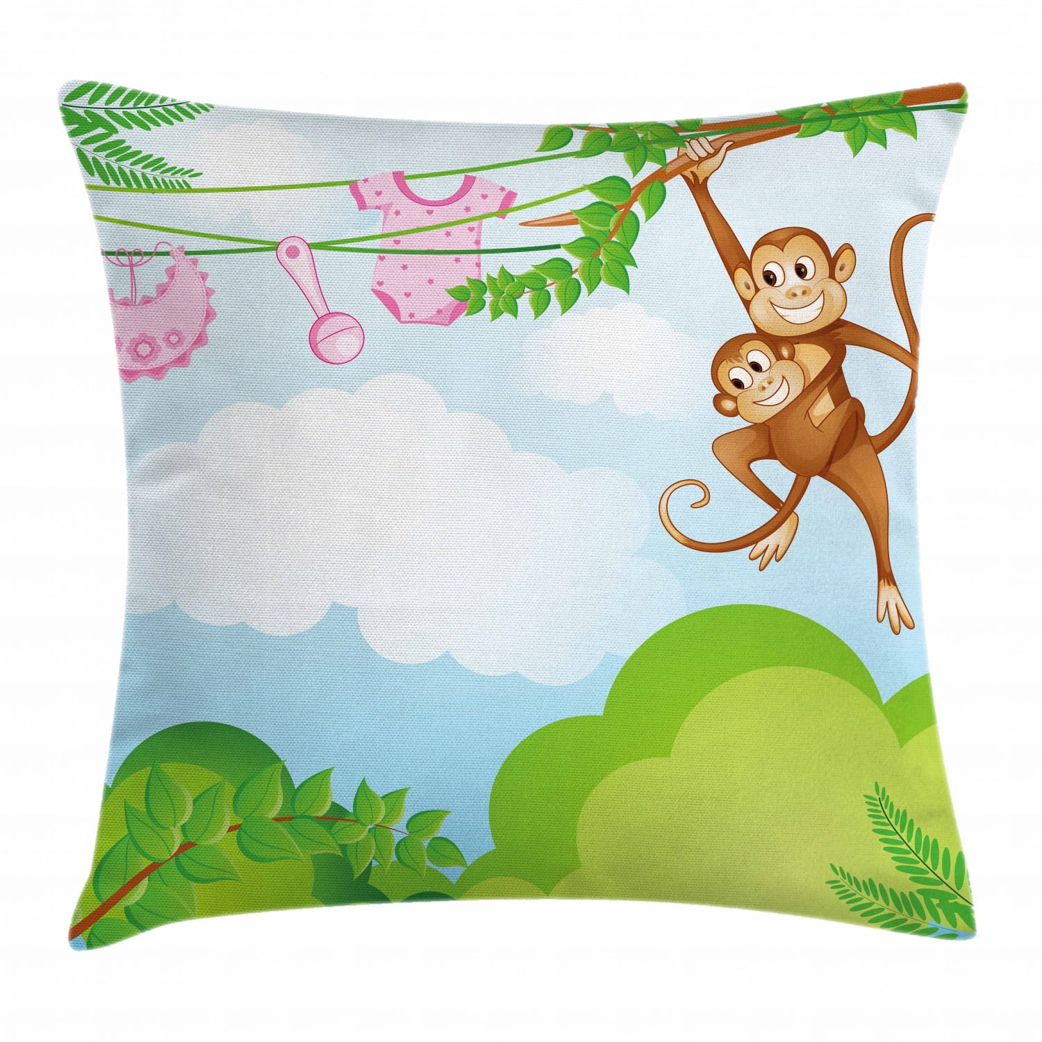 Nursery Throw Pillow Cushion Cover, Monkey Swinging with the Kid Baby ...