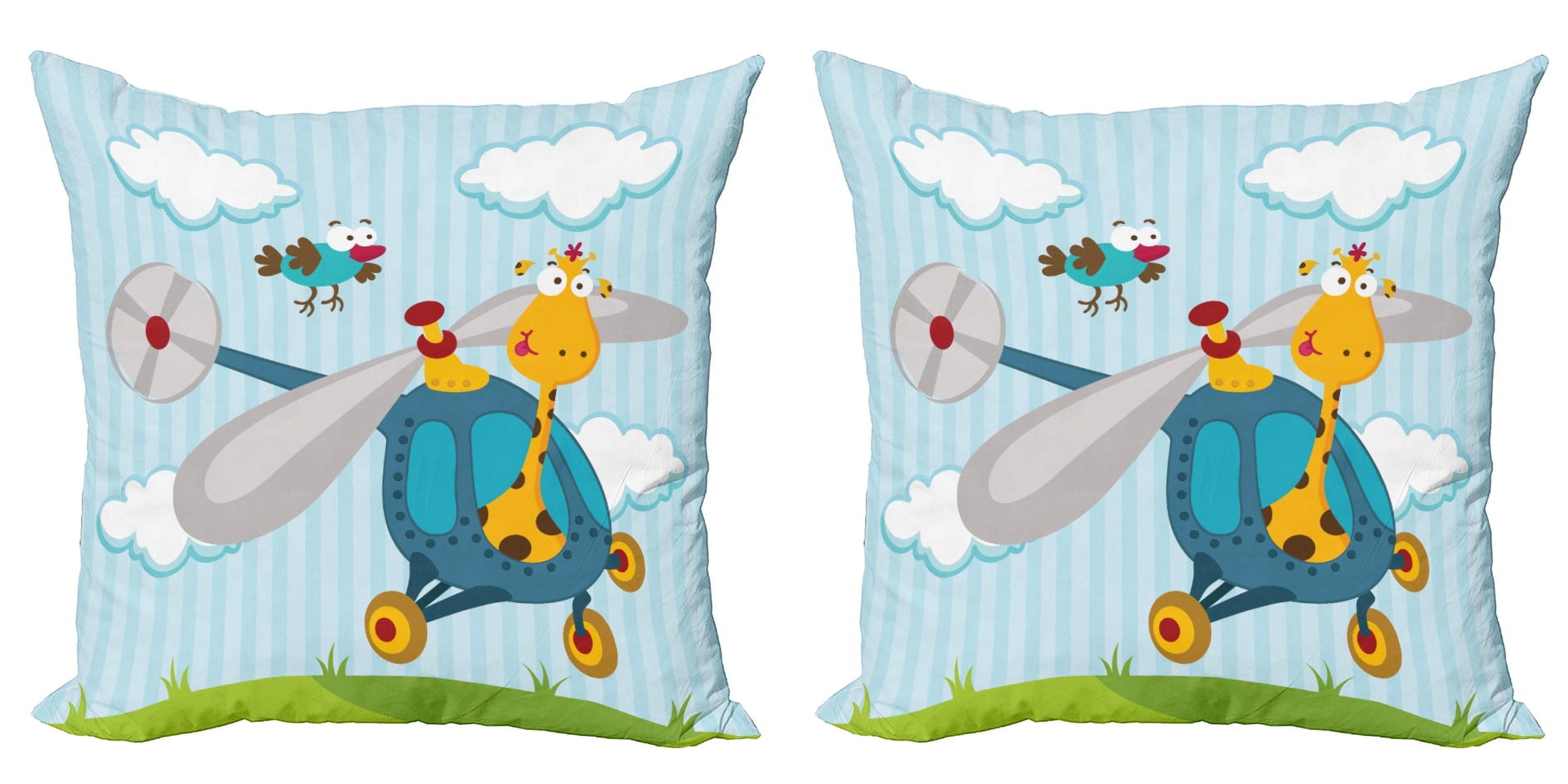 Ambesonne Cartoon Throw Pillow Cover 2 Pack, Funny Giraffe and Bird, 20 ...