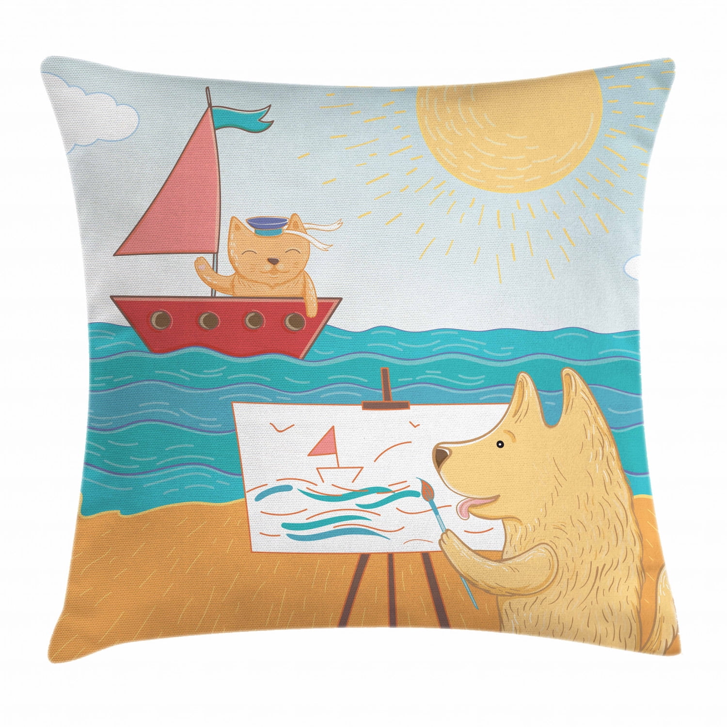 Nursery Throw Pillow Cushion Cover, Summer Vacation Cartoon with ...