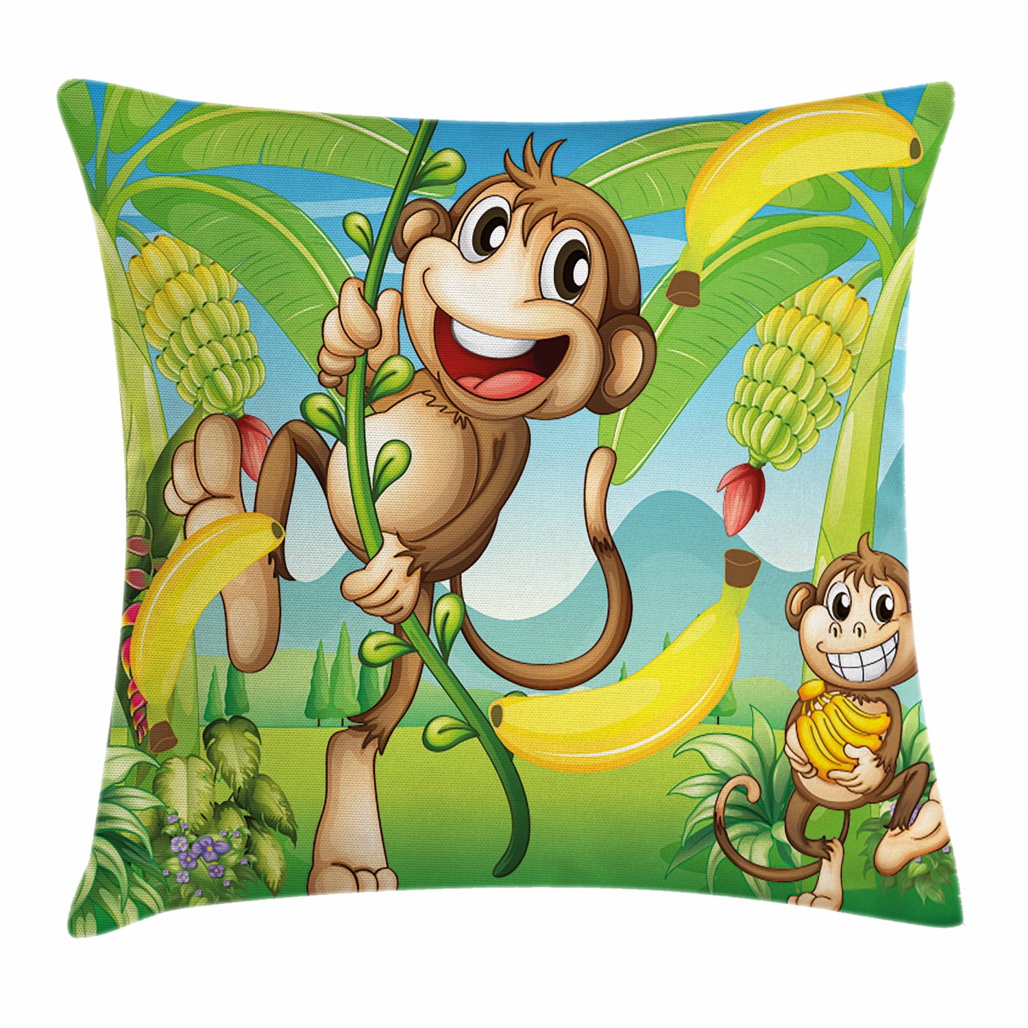 Nursery Throw Pillow Cushion Cover, Two Monkeys Near the Banana Plant ...