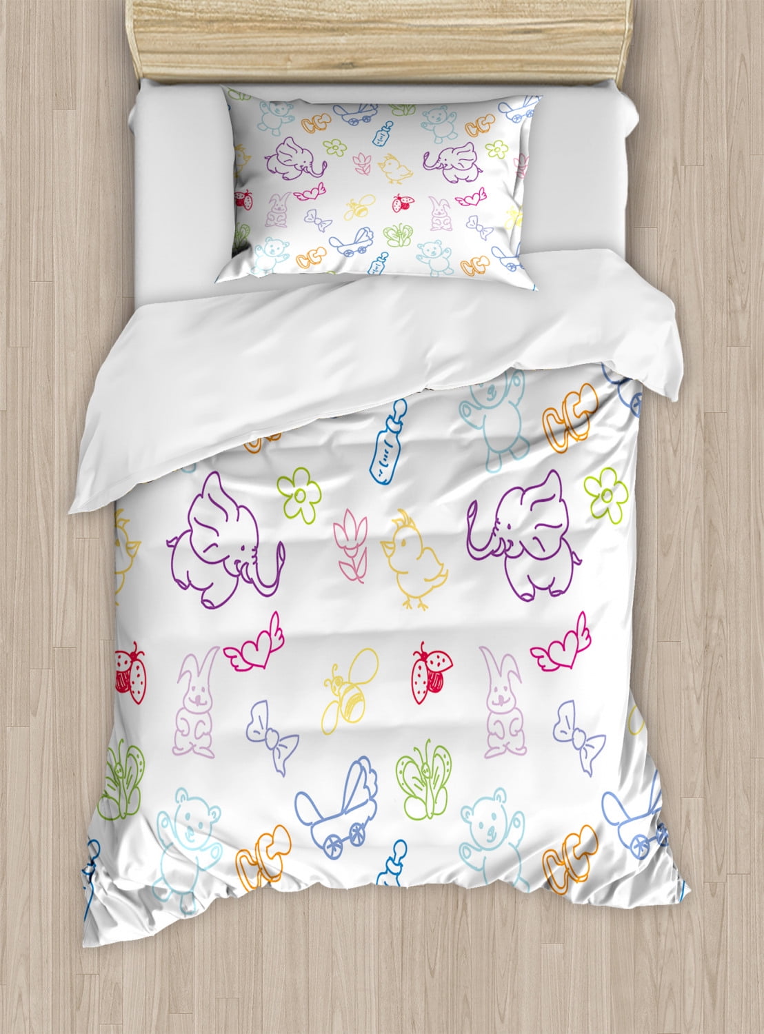 Nursery Twin Size Duvet Cover Set, Cartoon Drawing Style Baby Elephants ...