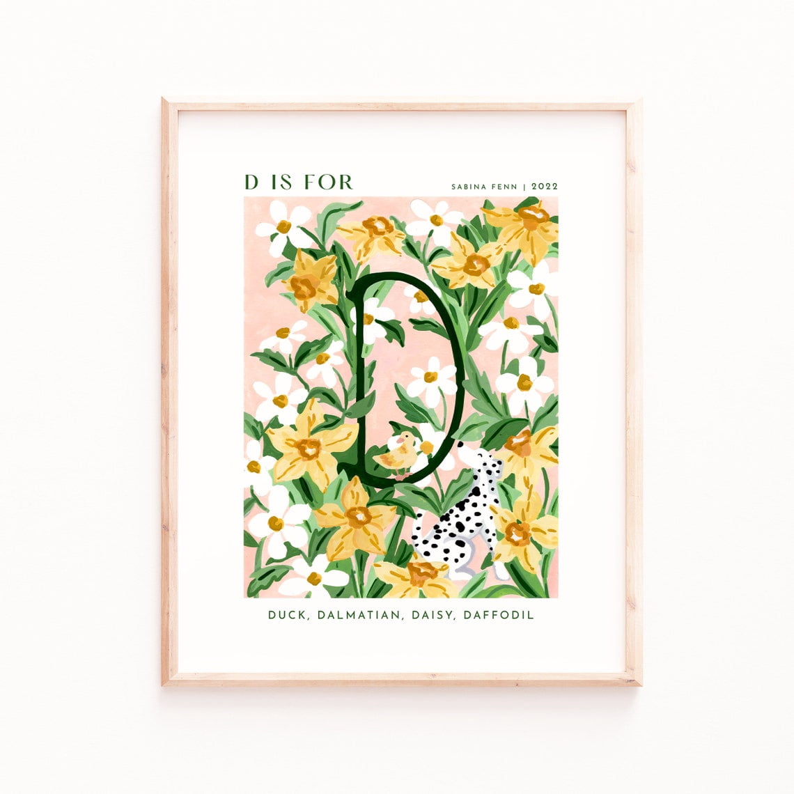 Nursery Wall Art: Letter D Animals and Flowers - Dalmatian, Duck ...