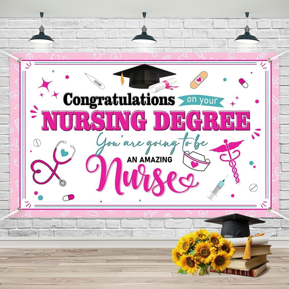 Nursing Graduation Banner - 70.8x43.3 Inch Pink and White Banner ...