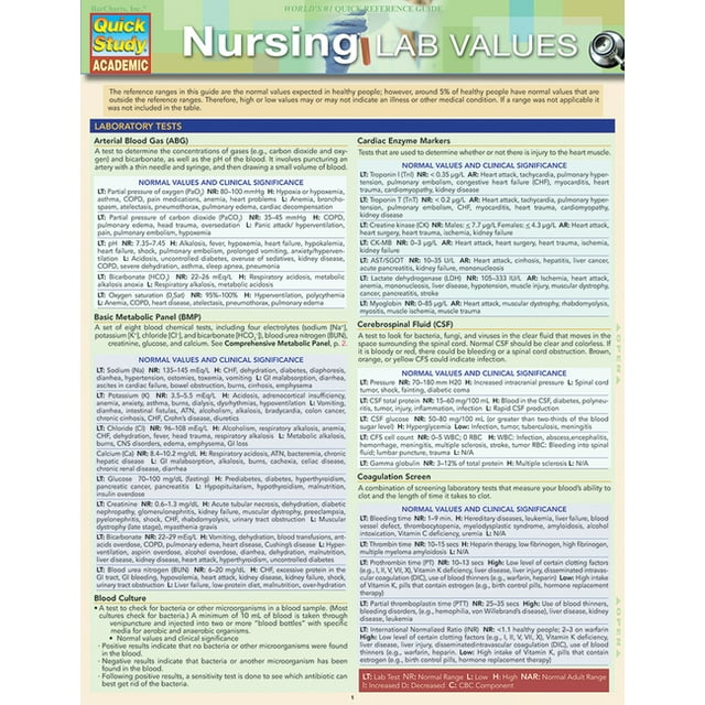 Nursing: Lab Values : a QuickStudy Laminated 6-Page Reference Guide ...
