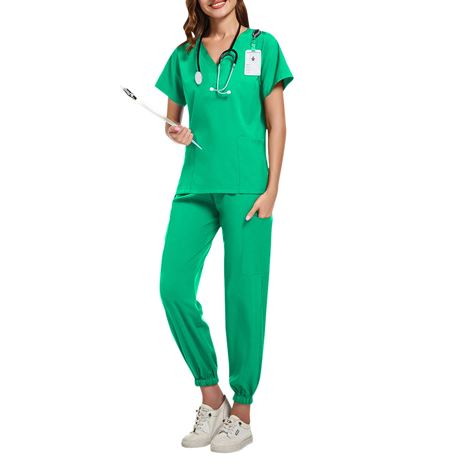 Nursing Scrubs For Woman Matching Set，Women'S V-Neck Solid Color Loose ...