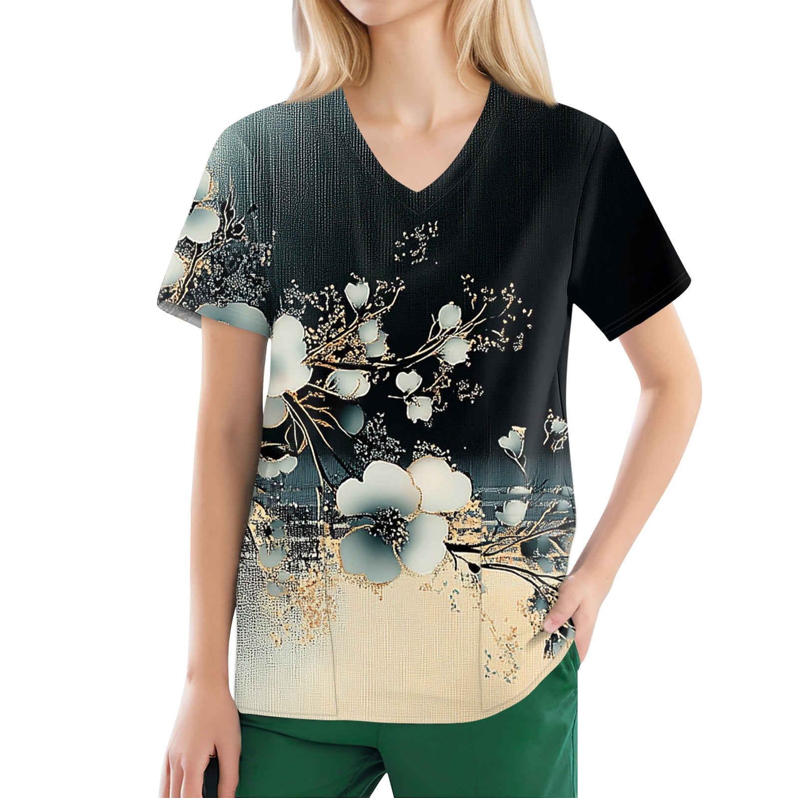Nursing Uniforms for Women,Floral Print V-Neck Scrubs - Antimicrobial ...