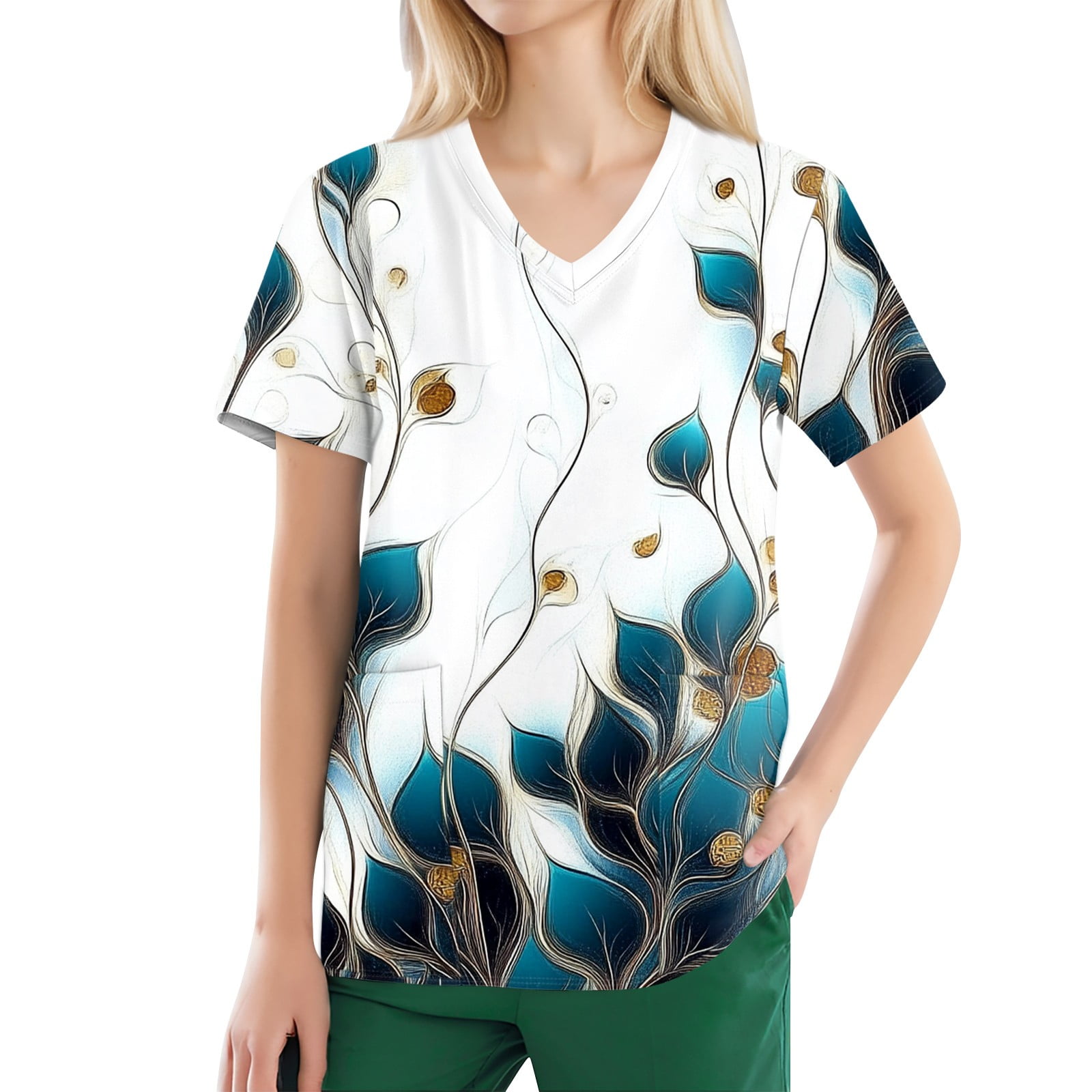 Nursing Uniforms for Women,Floral Print V-Neck Scrubs - Antimicrobial ...