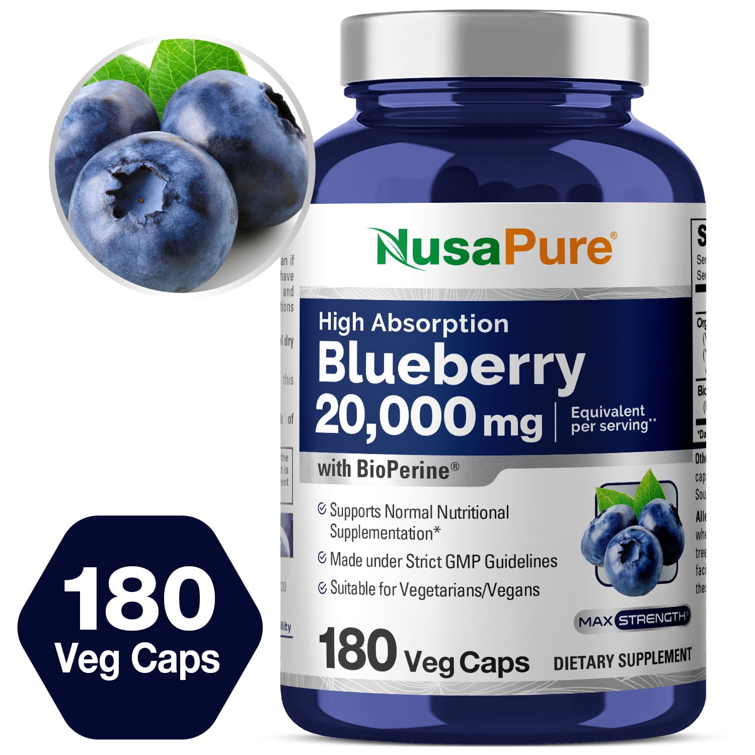NusaPure 20,000mg Blueberry Concentrate: 180 Veggie Powder Capsules (30 ...