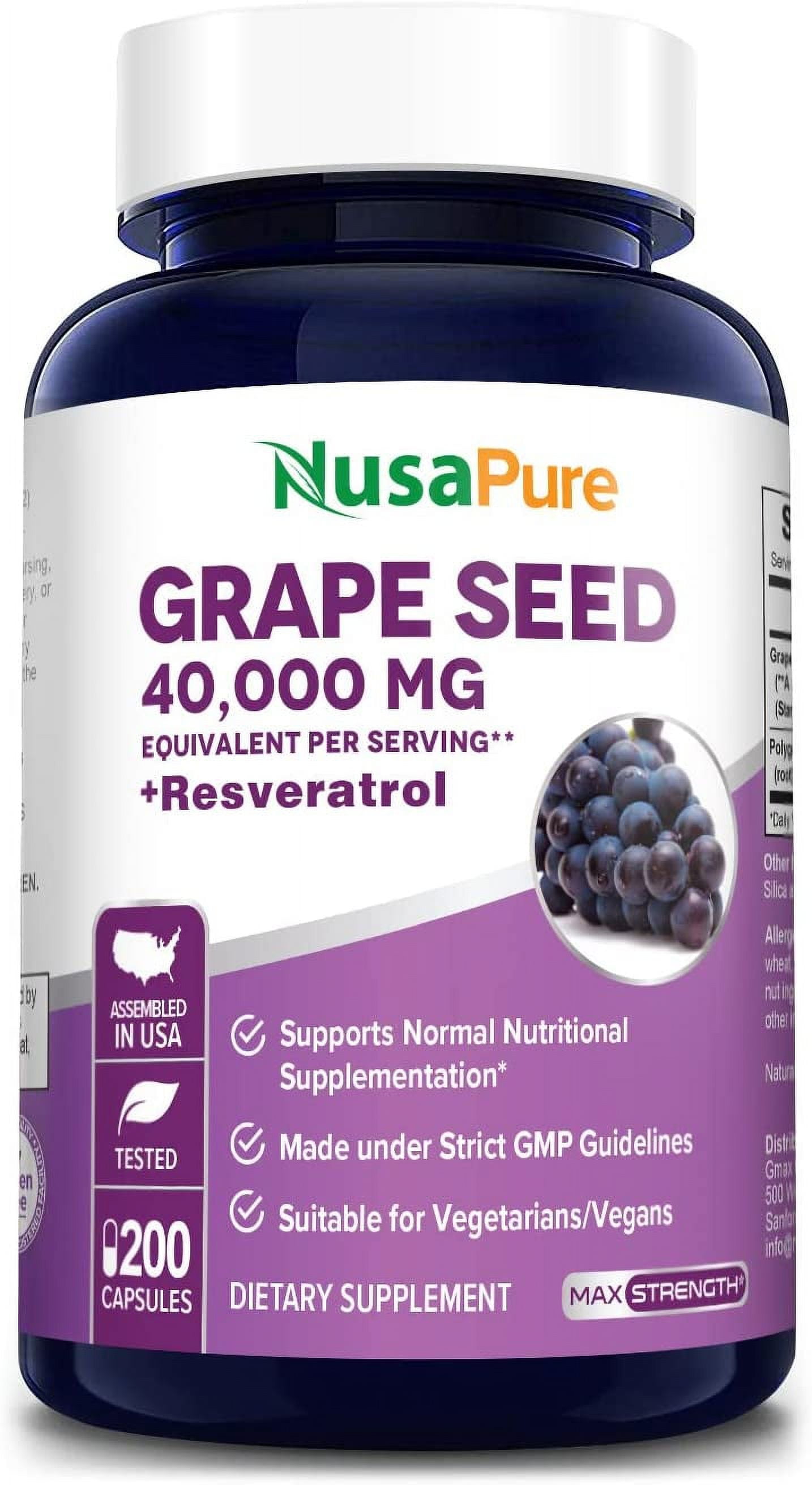 NusaPure Grape Seed Extract 40,000mg, 200 Vegan Capsules, Resveratrol ...