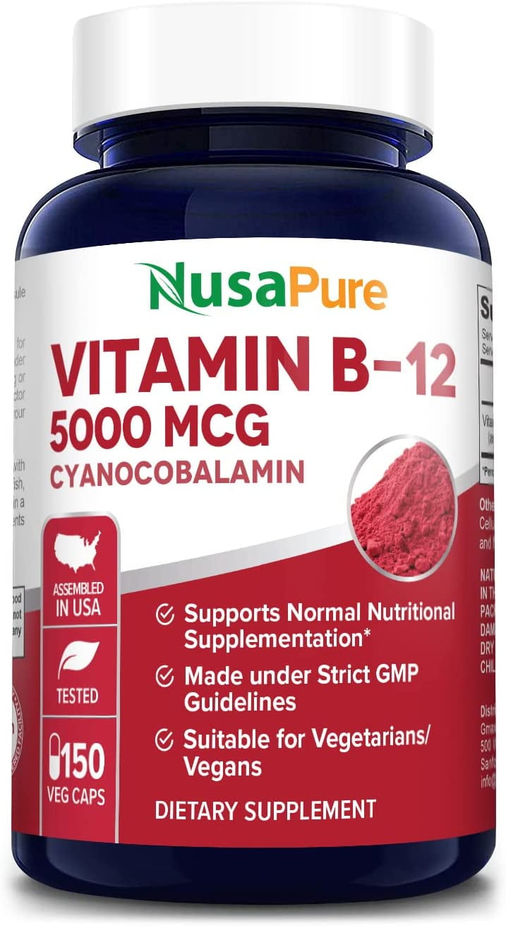 NusaPure Vitamin B12 5000 MCG: 150 Capsules, Non-GMO, Gluten-Free ...