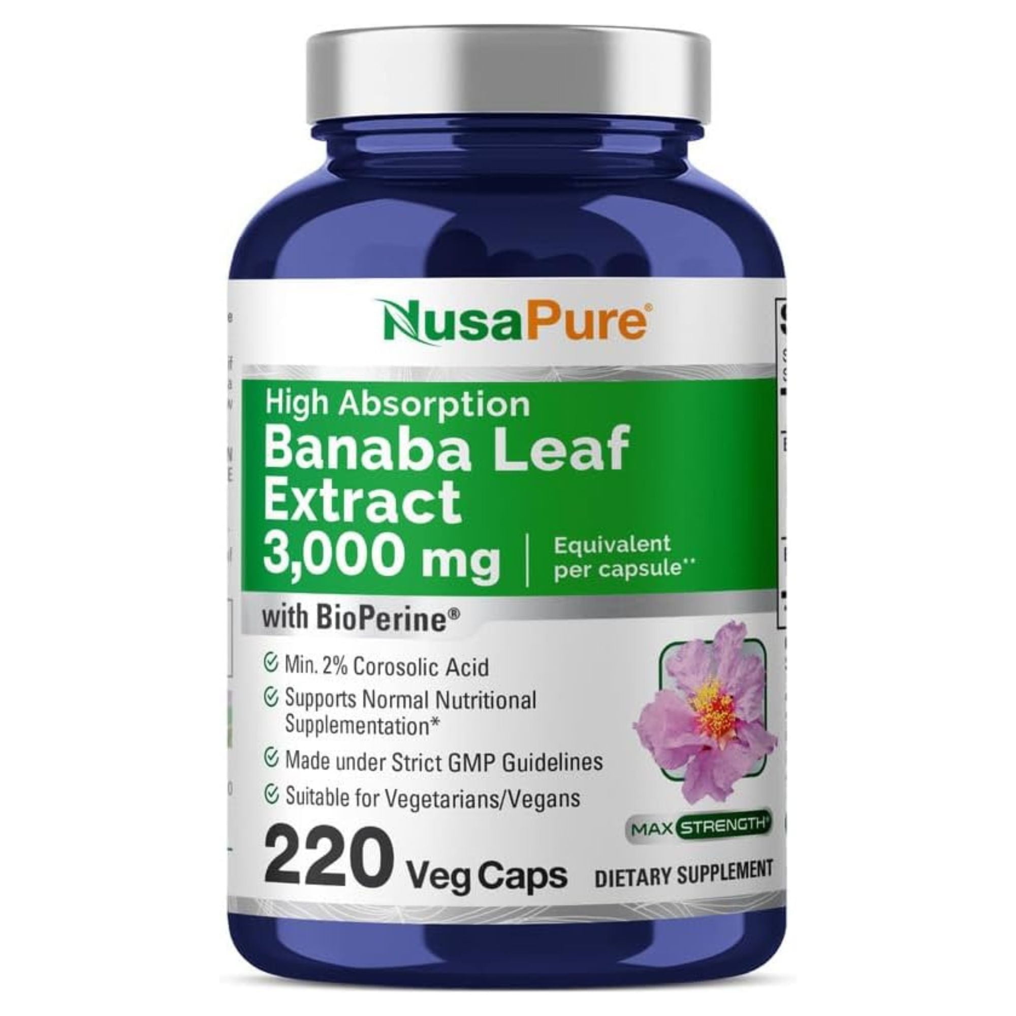 NusaPure Banaba Leaf Extract 3000mg Capsule, 220 Vegan Caps, 2% ...