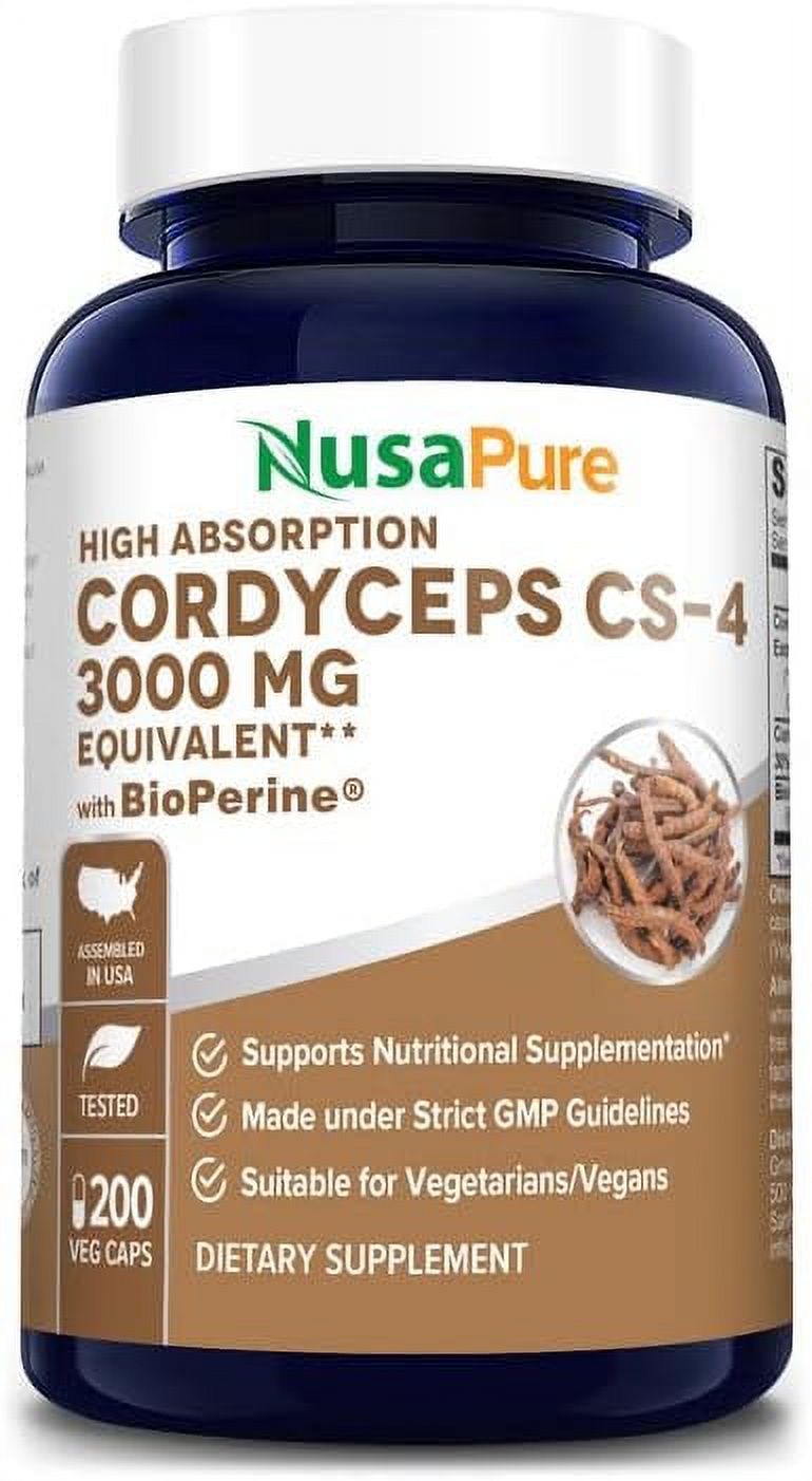 NusaPure Cordyceps Extract 3000mg: 200 Veggie Caps (Sinensis CS-4, Non-GMO & Gluten-Free) with ...