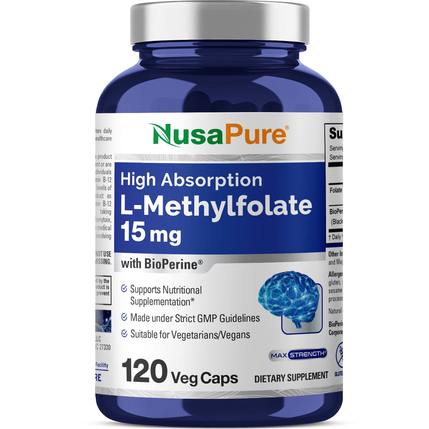 NusaPure L-Methylfolate 15mg Non-GMO, Gluten-Free Supplement - 120 ...