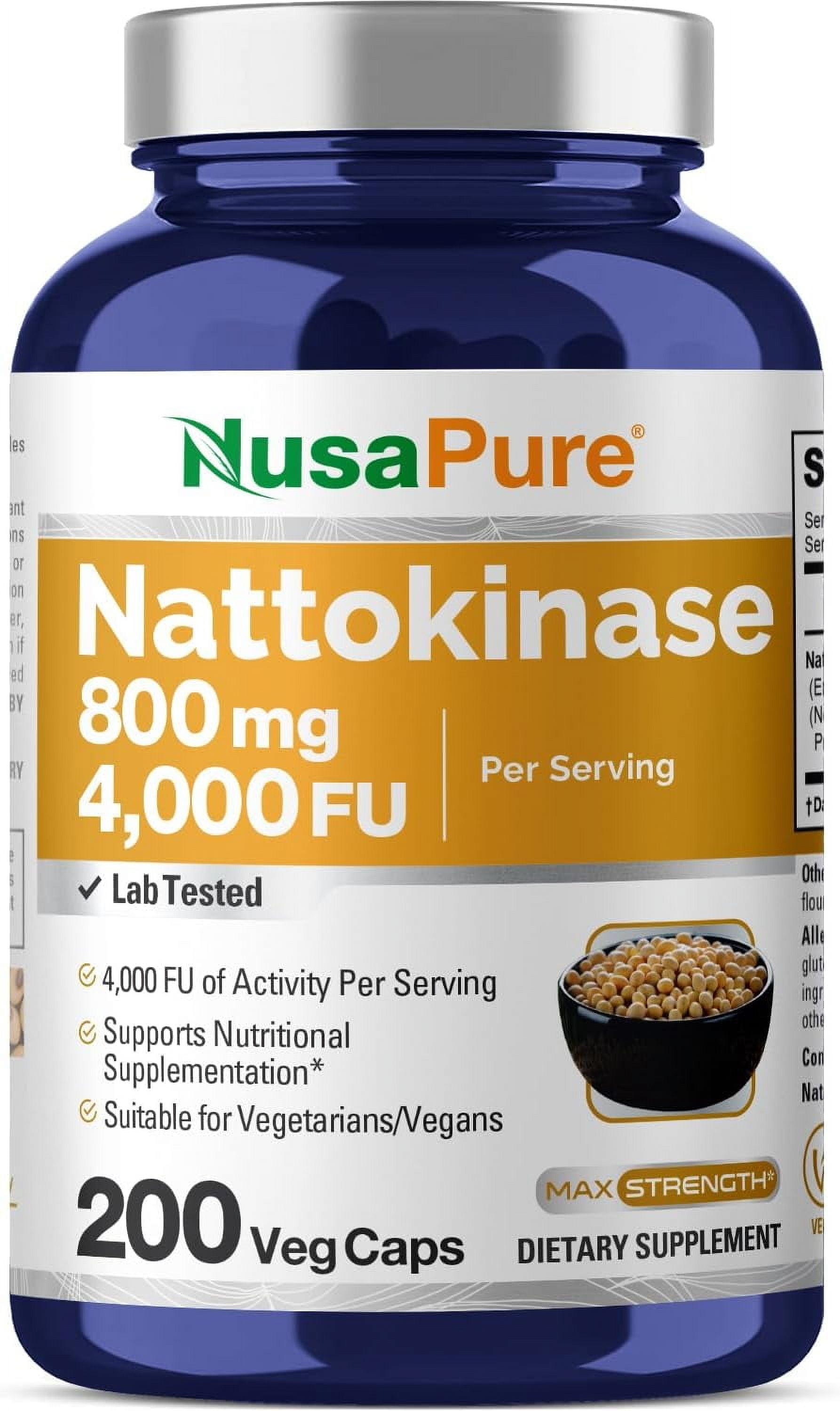 NusaPure Nattokinase 800mg, 4000 FU, 200 Veggie Capsules, Non-GMO ...