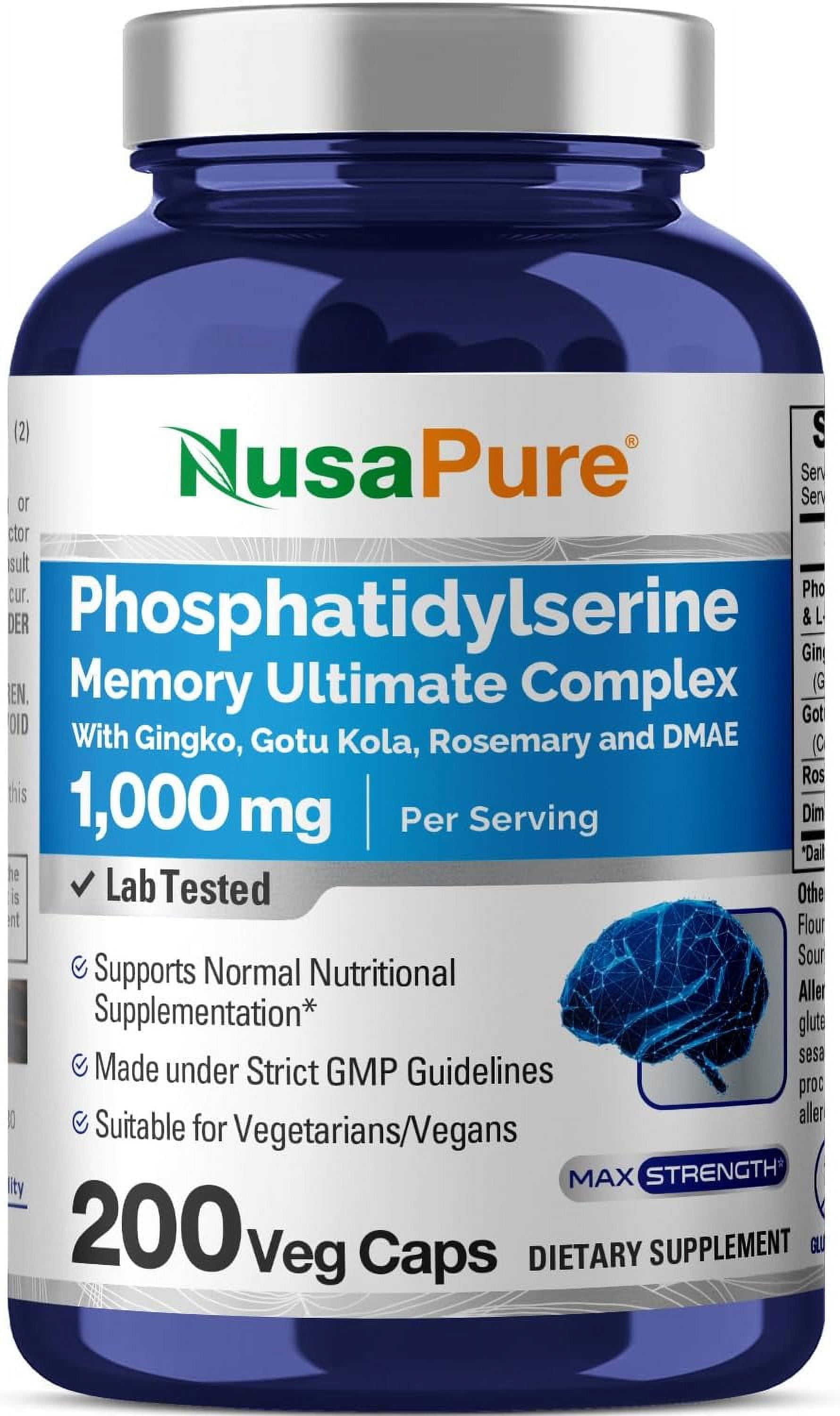 NusaPure Phosphatidylserine 1000mg - 200 Veg Caps, Vegan, Non-GMO ...
