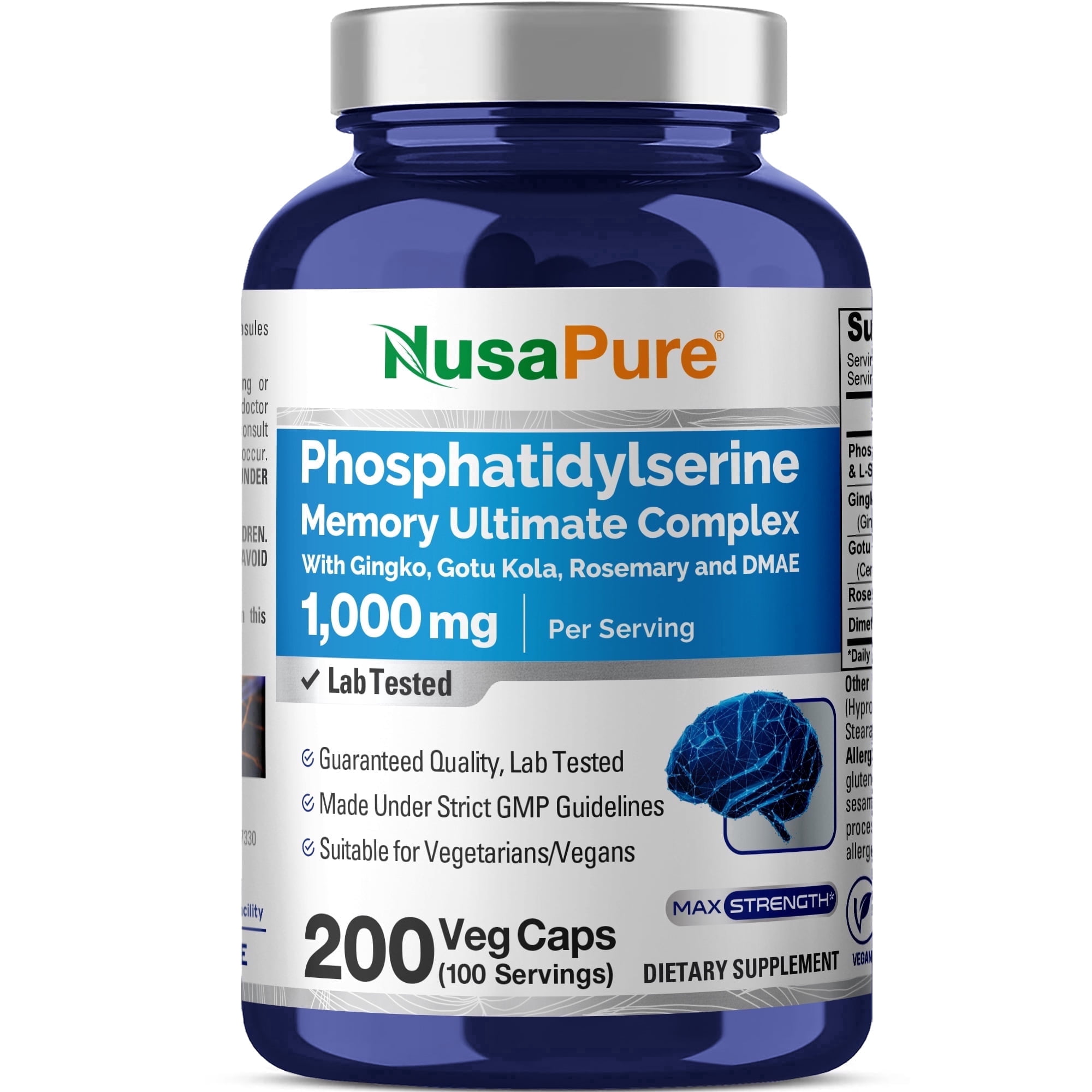 NusaPure Phosphatidylserine Memory Complex 1000mg 200 Veggie Caps Vegan ...