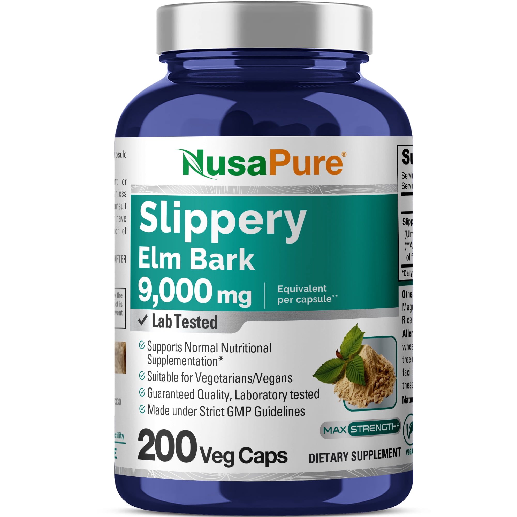 NusaPure Slippery Elm Bark 9000mg, Dietary Veg Capsules - 200ct, Non ...